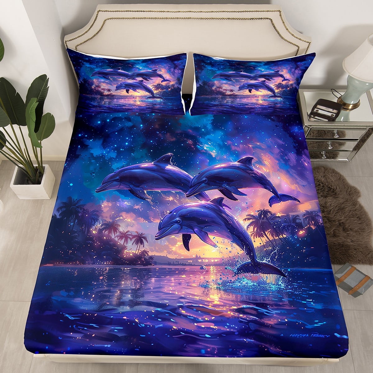 Purple Dolphin Queen Fitted Sheet,Sea Animal Ocean Life Bedding Set ...
