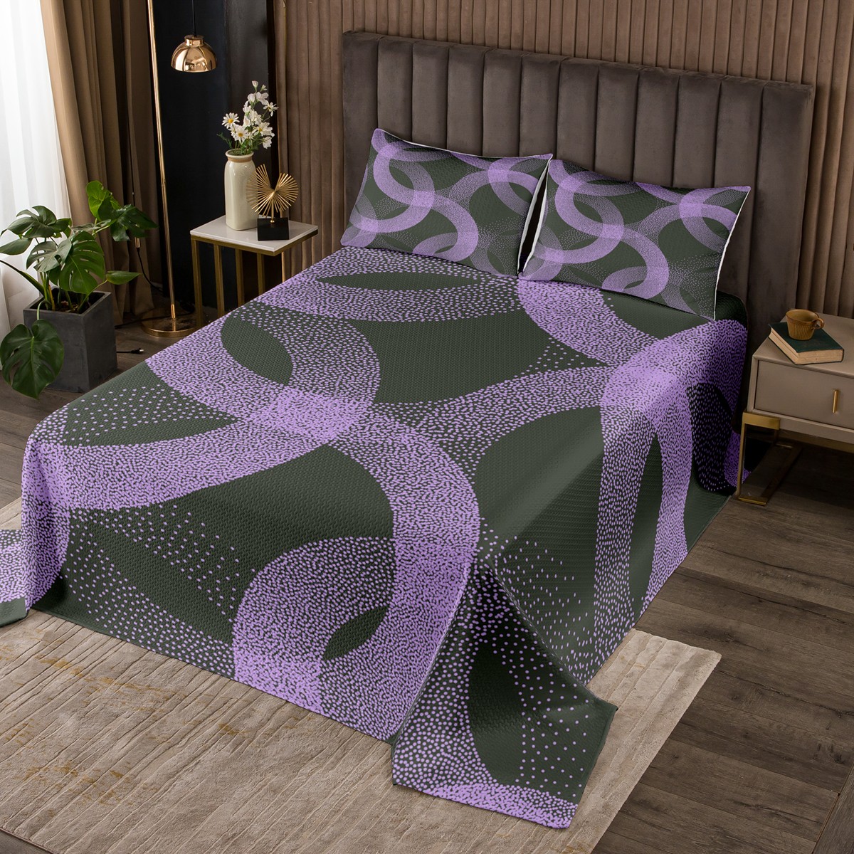 Purple Dotted Squares Coverlet Set Geometric Dots Print Bedspread Set ...