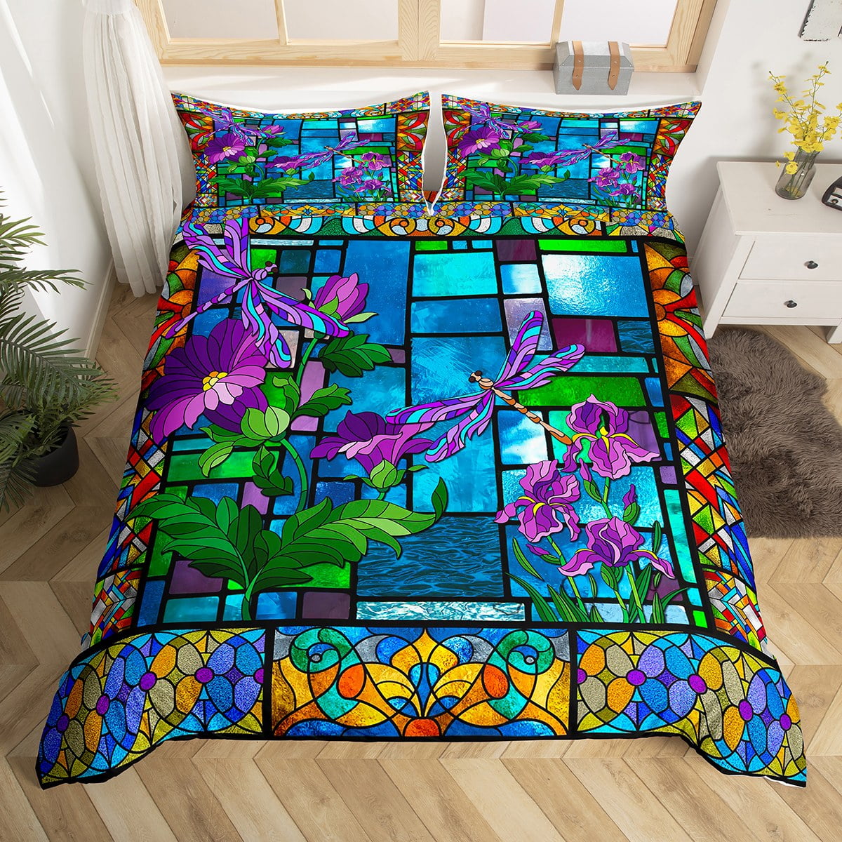 Purple Dragonflies Duvet Cover Dragonfly Decor Patchwork Grid Bedding ...
