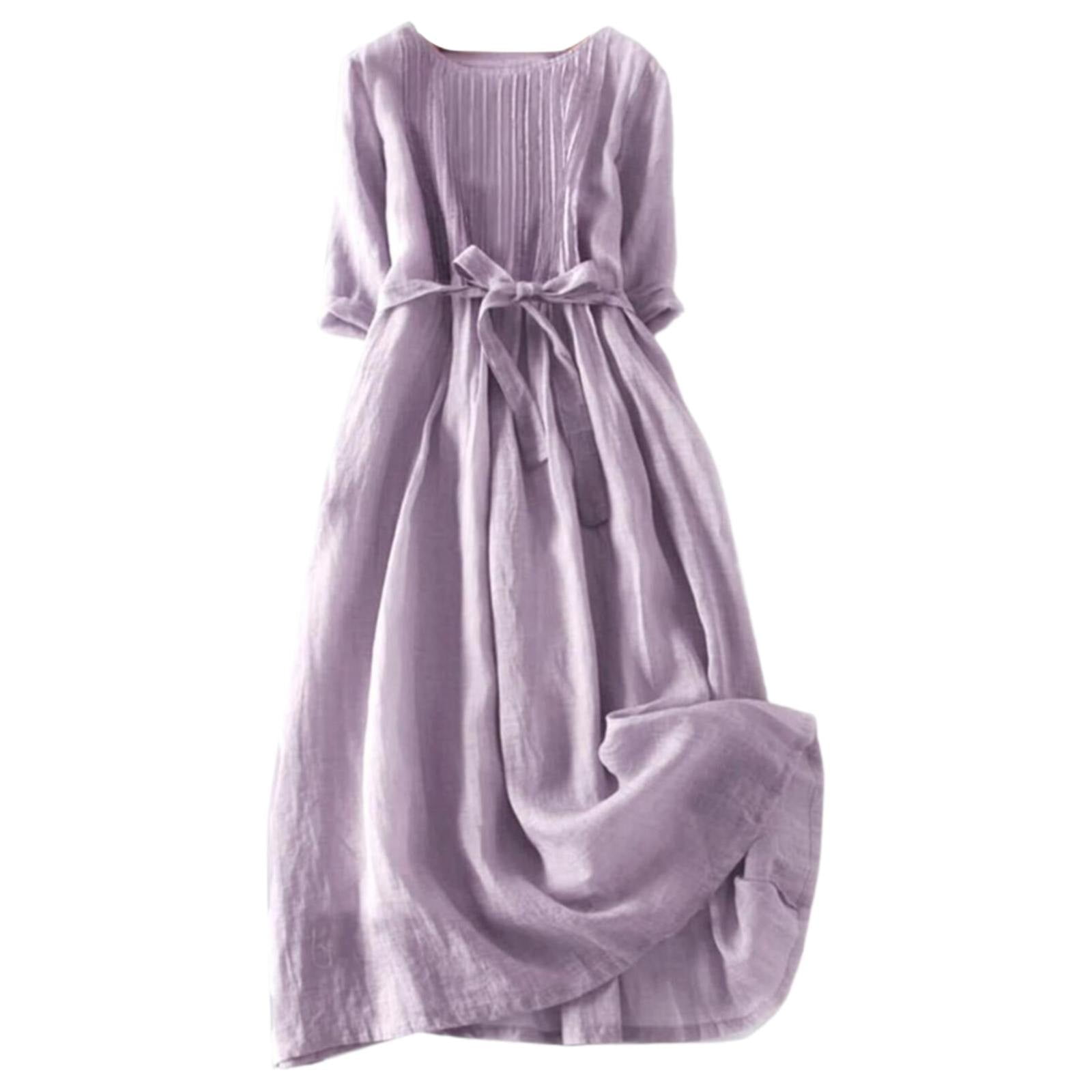 Purple Dresses Women's Cotton And Linen Solid Color Retro Pleated Lace Up Casual Dress With ...