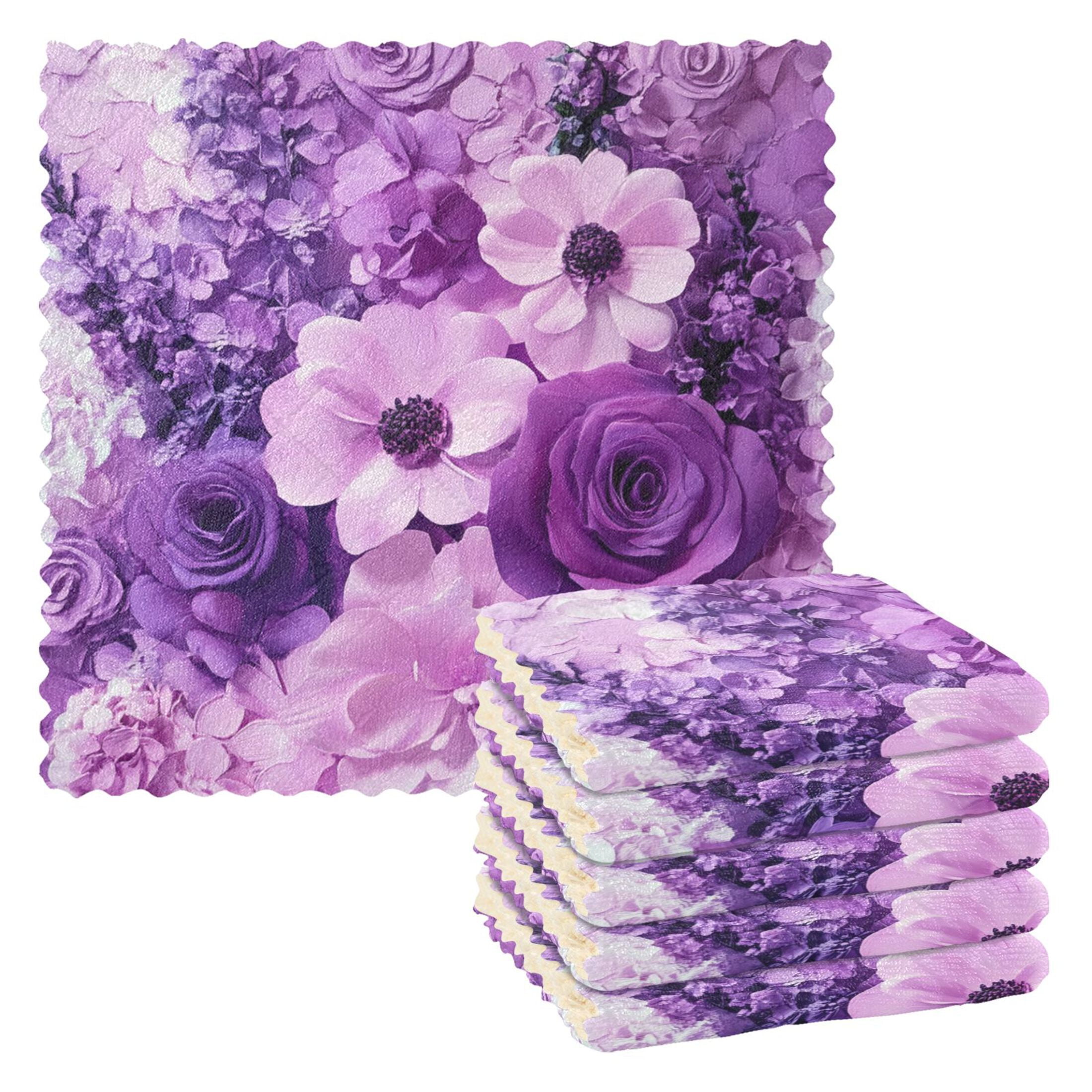 Purple Elegant Flowers Kitchen Cloth Dish Towels for Drying Washing ...