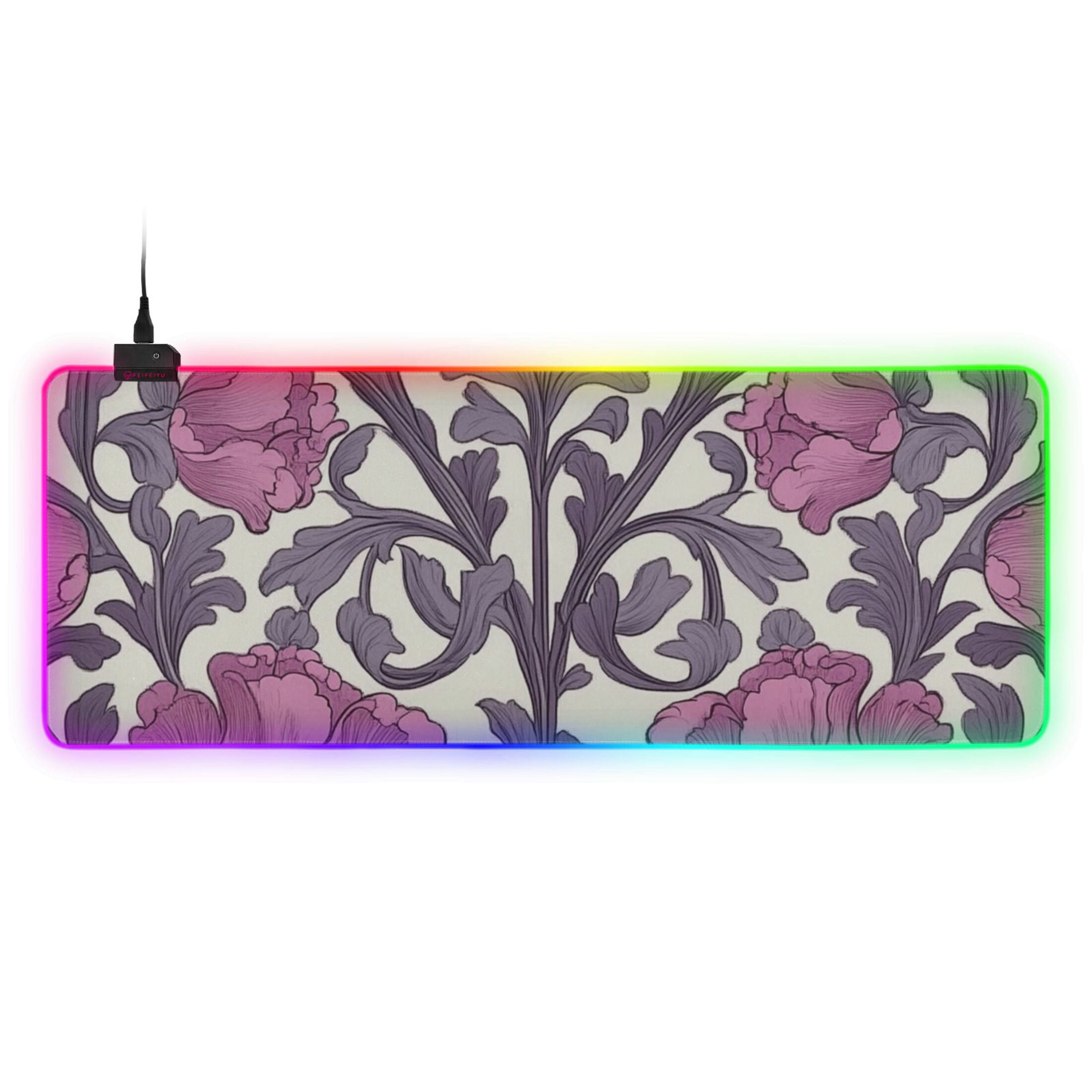 Purple Elegant Flowers RGB Gaming Mouse Pad Large Keyboard Mat Rubber ...
