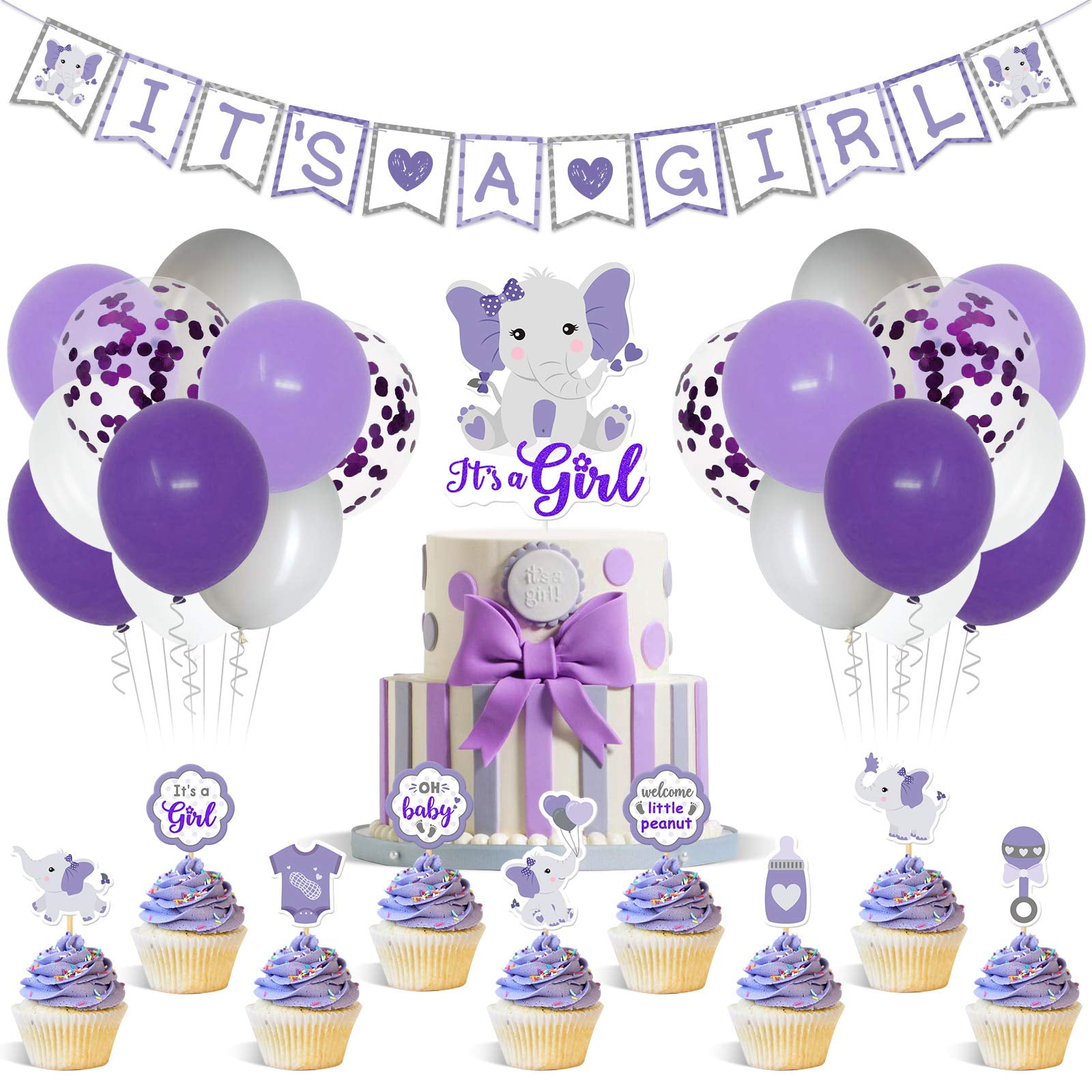Girl Baby Shower: Purple Elephant Theme, It‚Äôs a Girl Banner, Cake ...