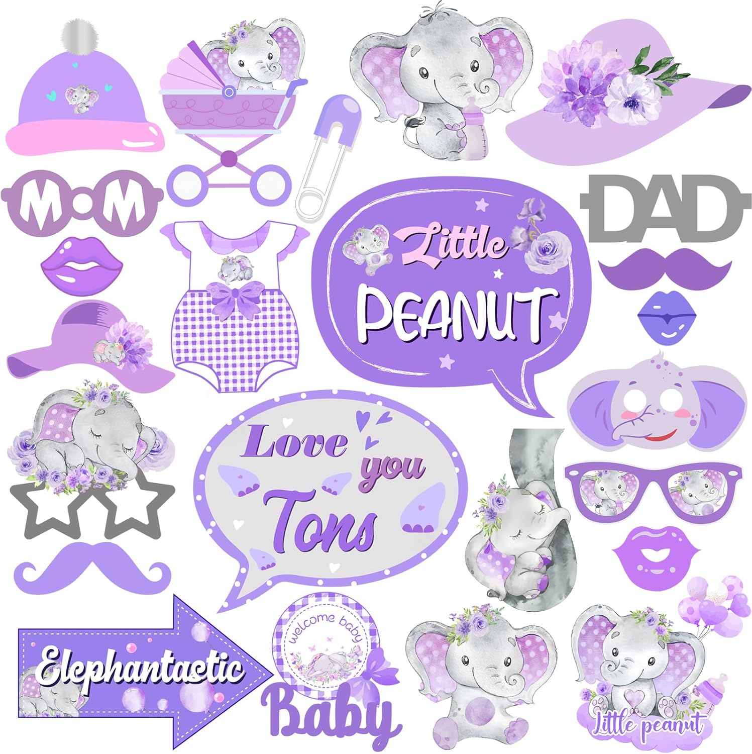 Purple Elephant Photo Booth Props for Girl Baby Shower, Little Peanut ...