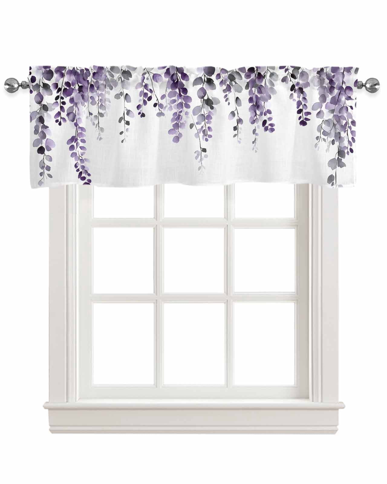 Purple Eucalyptus Leaves Kitchen Valances for Windows Farmhouse Linen ...