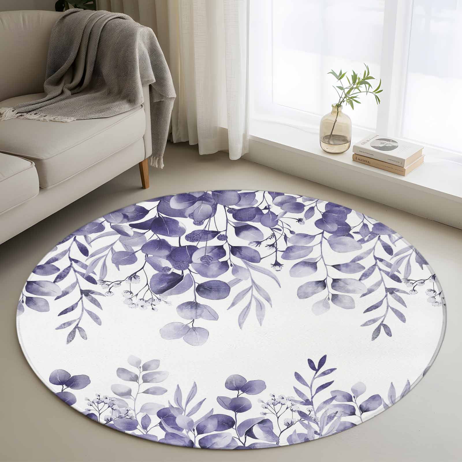 Purple Eucalyptus Leaves Round Rug 4ft Washable Circle Entryway Rugs ...