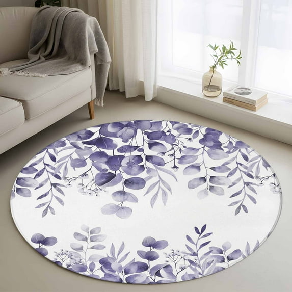 Purple Eucalyptus Leaves Round Rug 4ft Washable Circle Entryway Rugs ...
