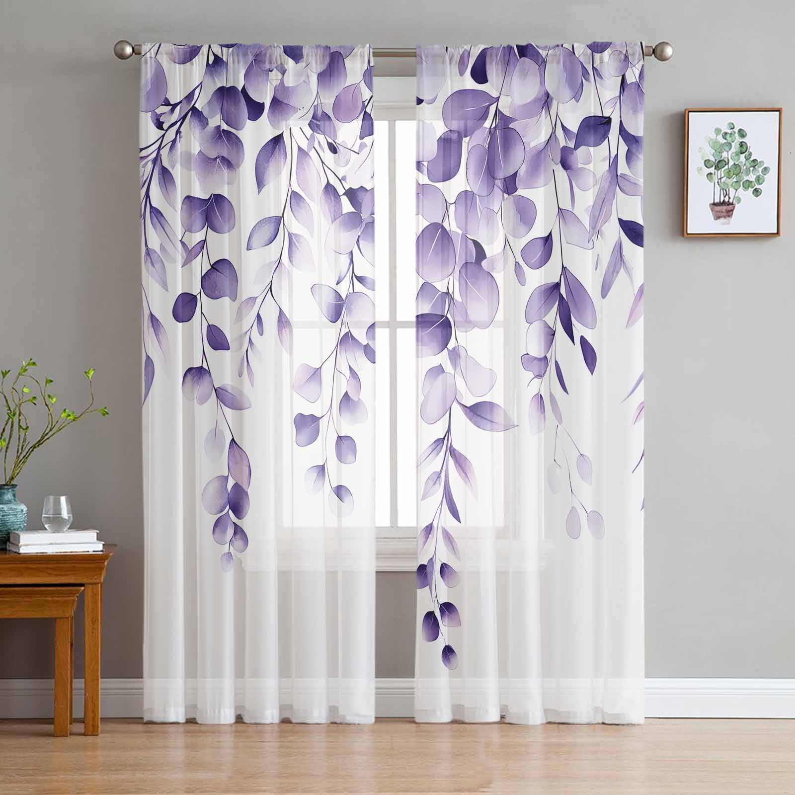 Purple Eucalyptus Leaves Semi Sheer Curtains 84 Inch Length 2 Panels ...