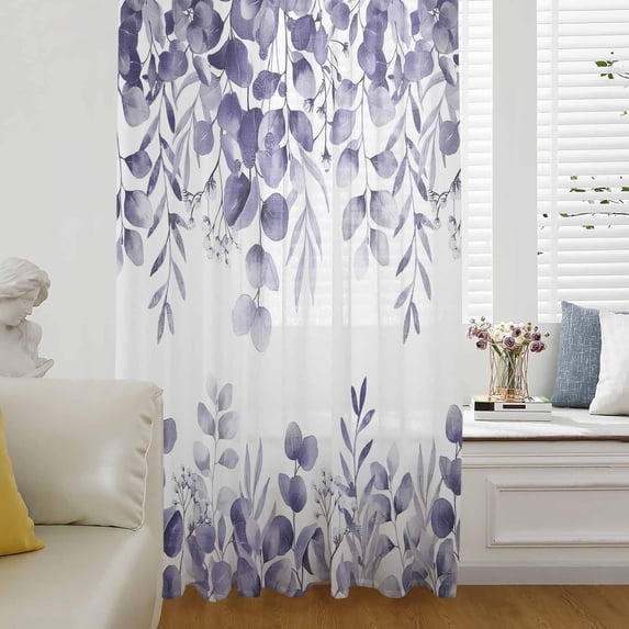 Purple Eucalyptus Leaves Semi Sheer Curtains Drapes for Living Room ...