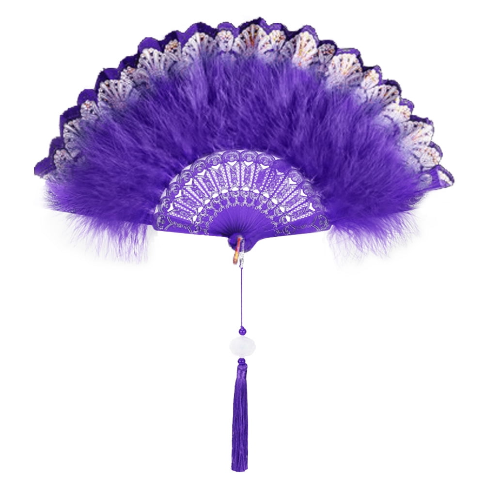 Purple Feather Folding Hand Fan with Flower Painting – Elegant Vintage ...
