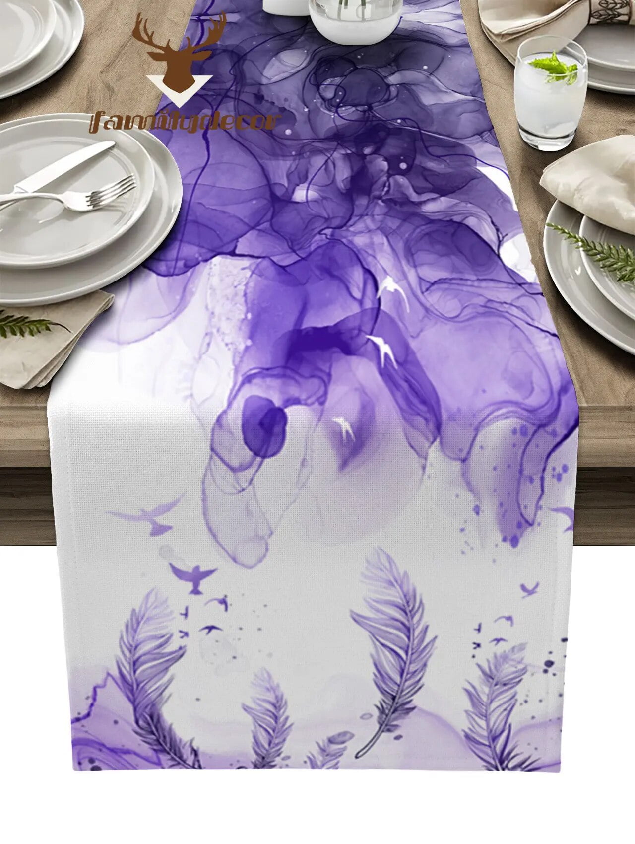 Purple Feather Watercolor Table Runner Home Wedding Table Flag Mat ...