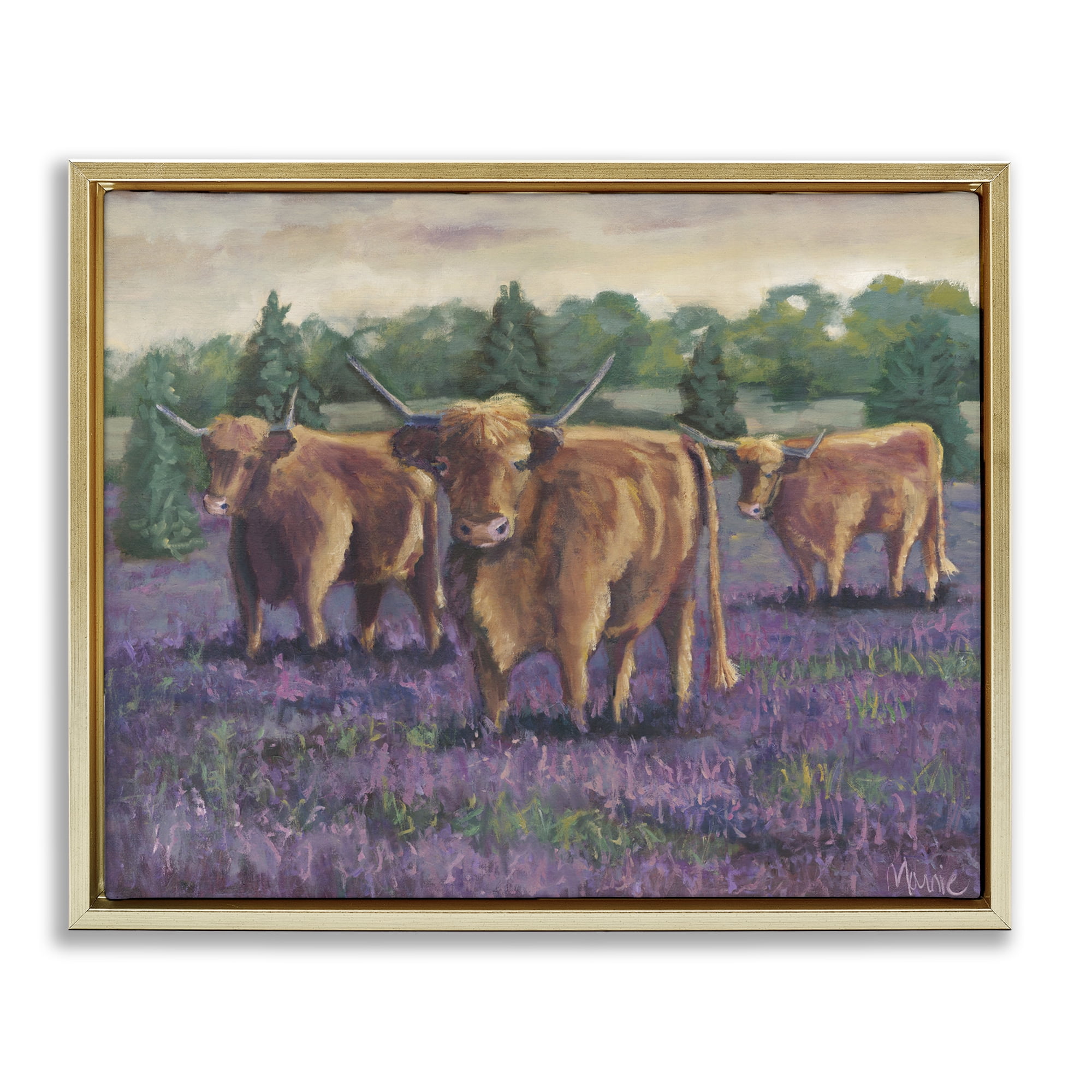 Purple Fields & Cows Gold Framed Floater Canvas Wall Art, design by ...