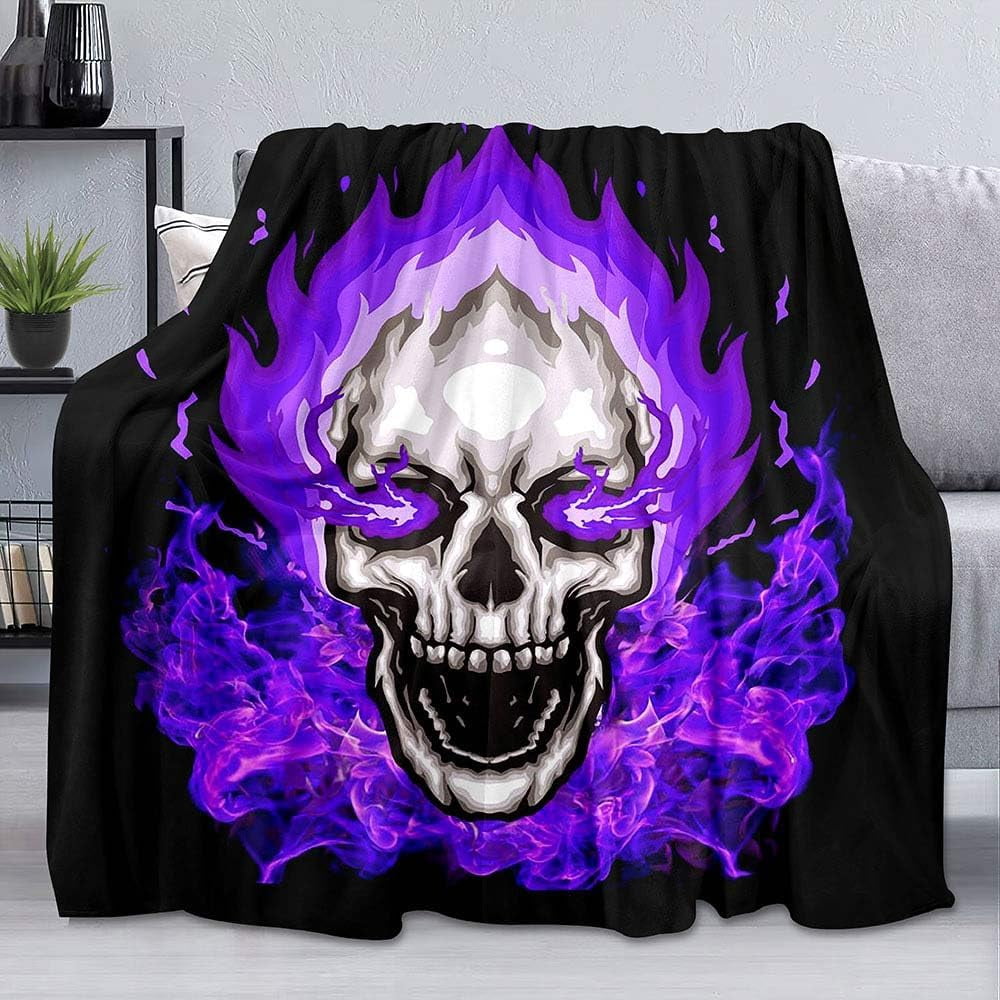 Purple Fire Skull Throw Blanket, Flame Skeleton Halloween Goth Gothic ...
