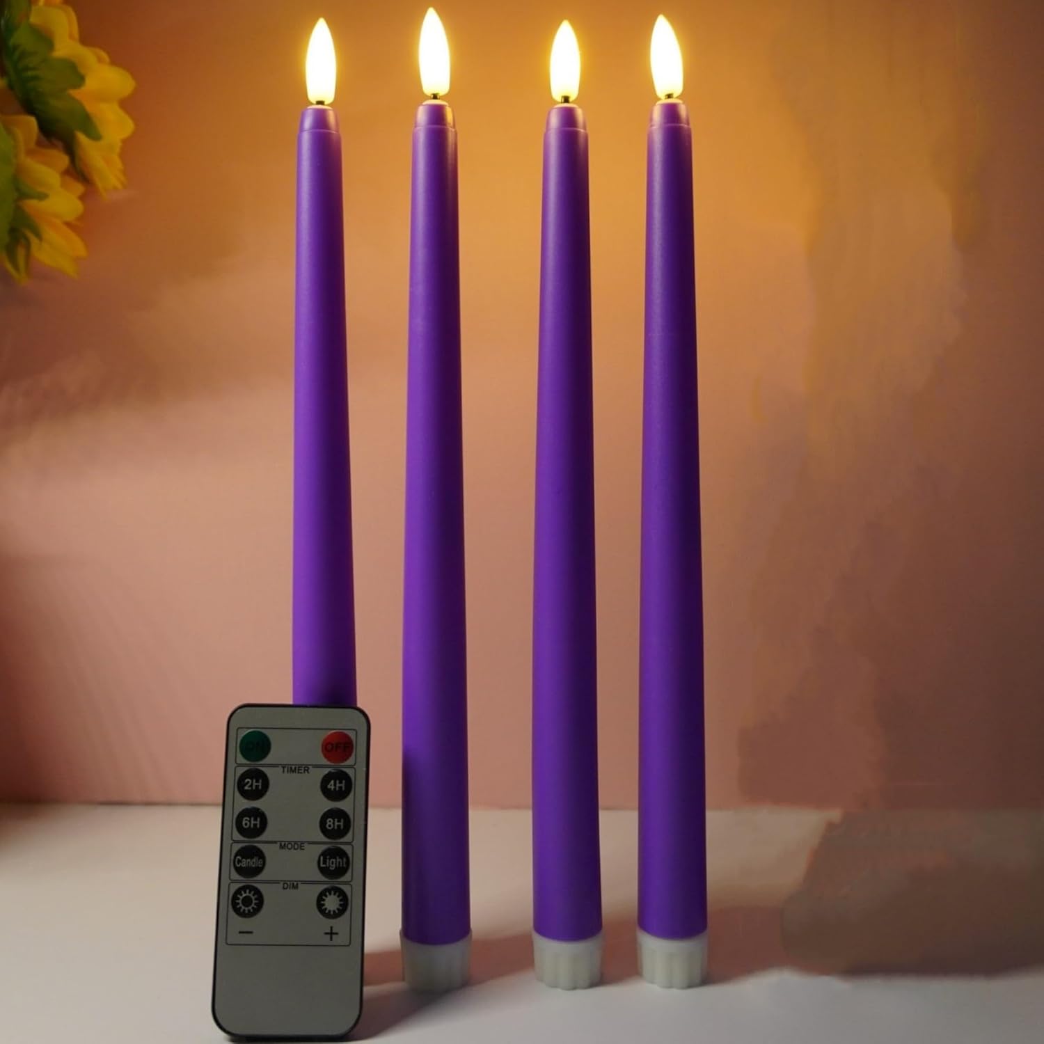 Purple Flameless Taper Candles with Remote, Flickering Battery Powered ...