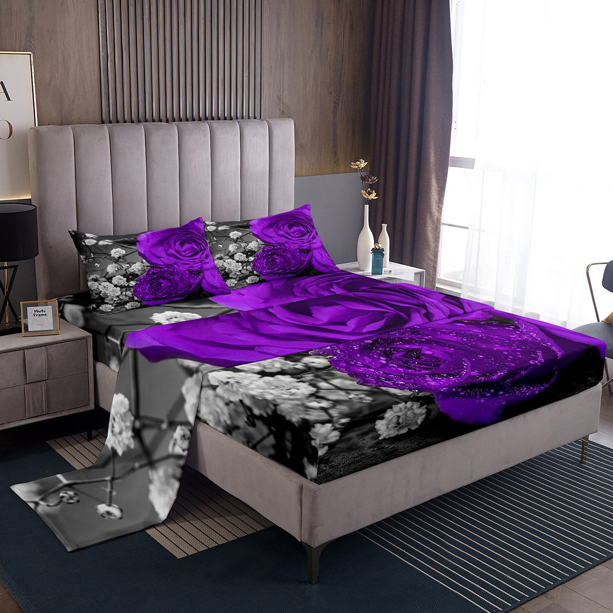 Purple Floral Bed Sheets Set Full 4Pcs, Romantic Purple Rose Sheet Set ...
