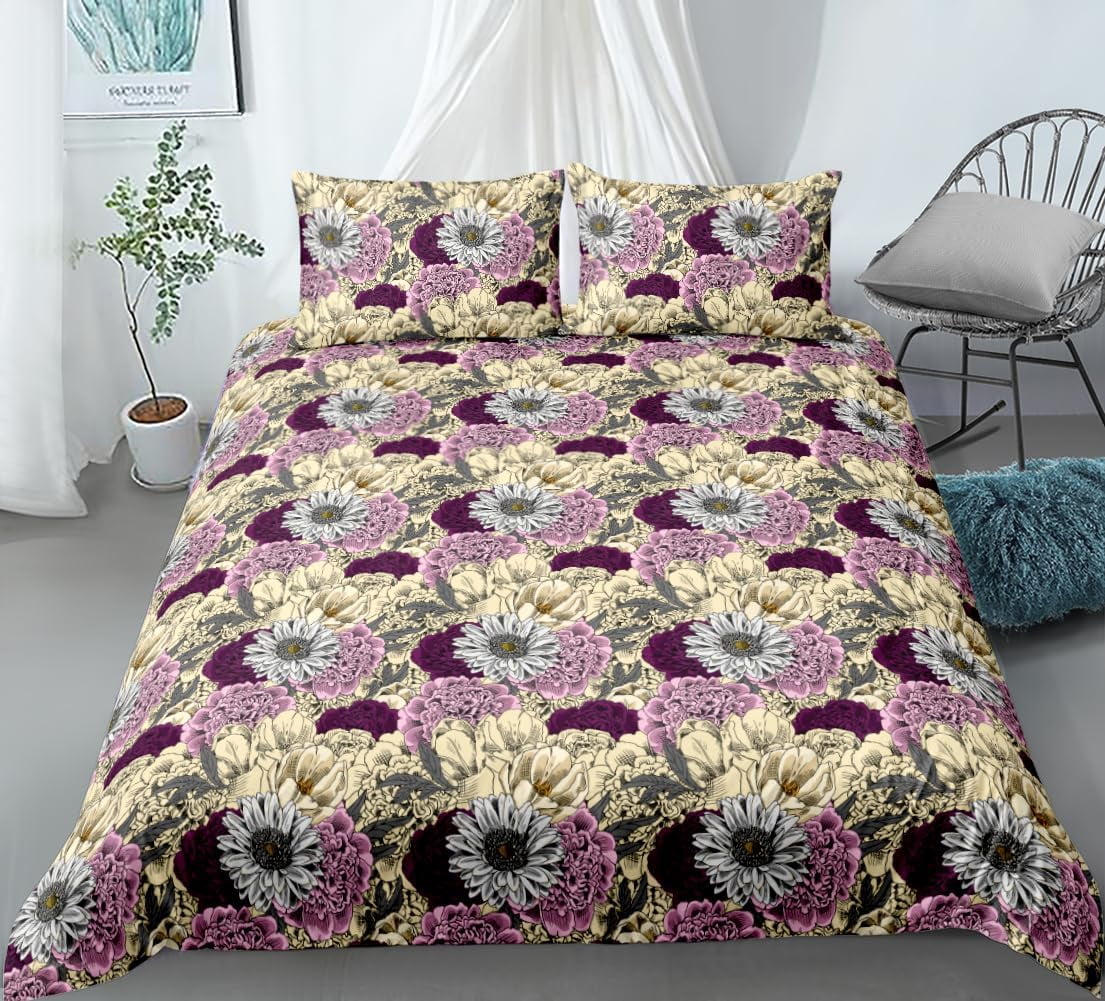 Purple Floral Bedding Set Girls Pink Flower Duvet Cover Girls Pink ...
