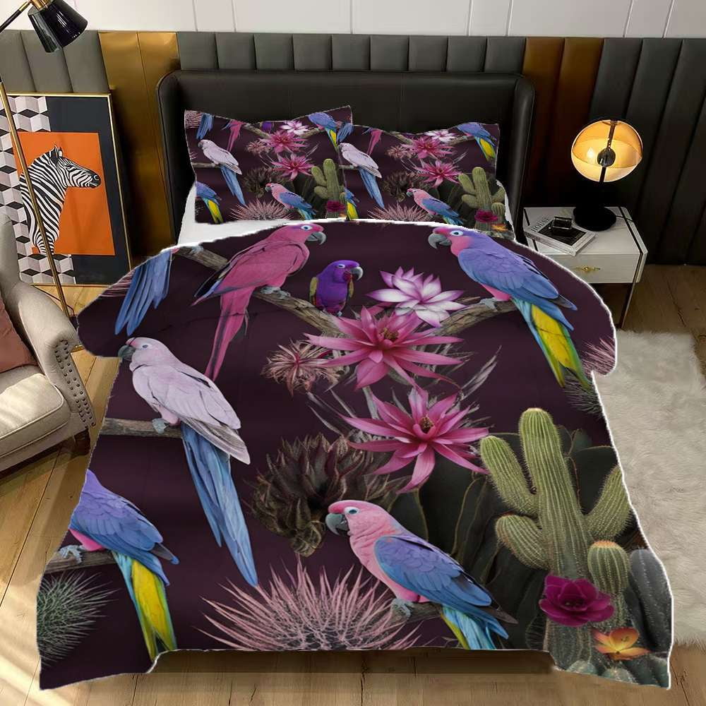 Purple Floral Bird Print Comforter Set Full Size Bedding Set For Travl ...