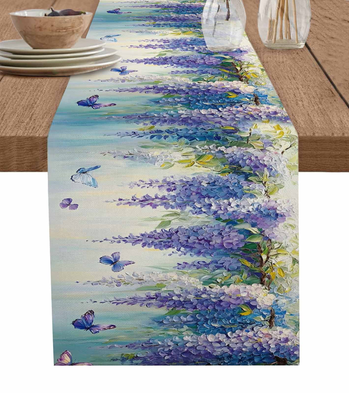Purple Floral Burlap Cotton Table Runner 13x90 Inches Long, Spring ...