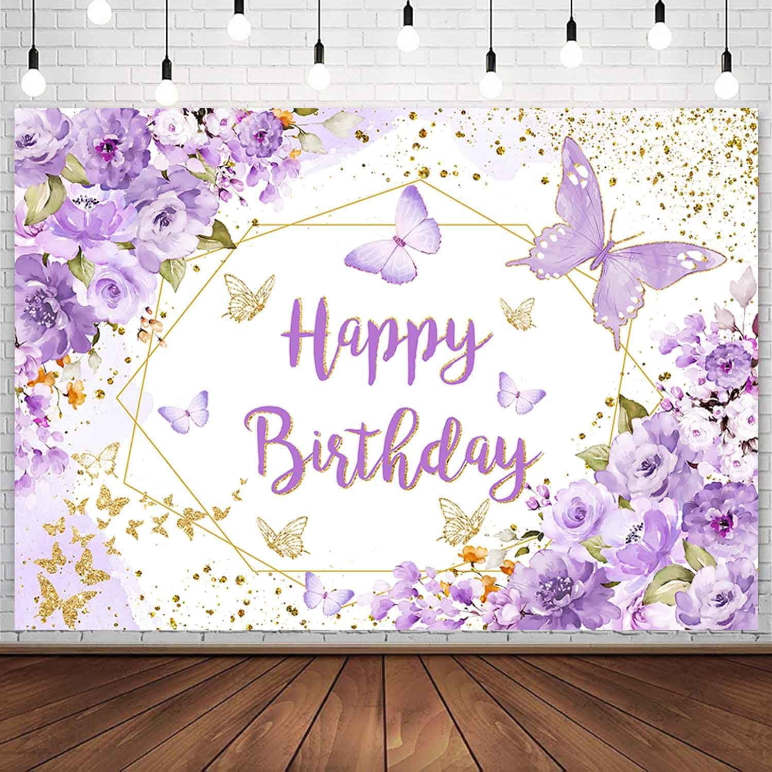 Purple Floral Butterfly Birthday Backdrop for Women Girls Flowers ...