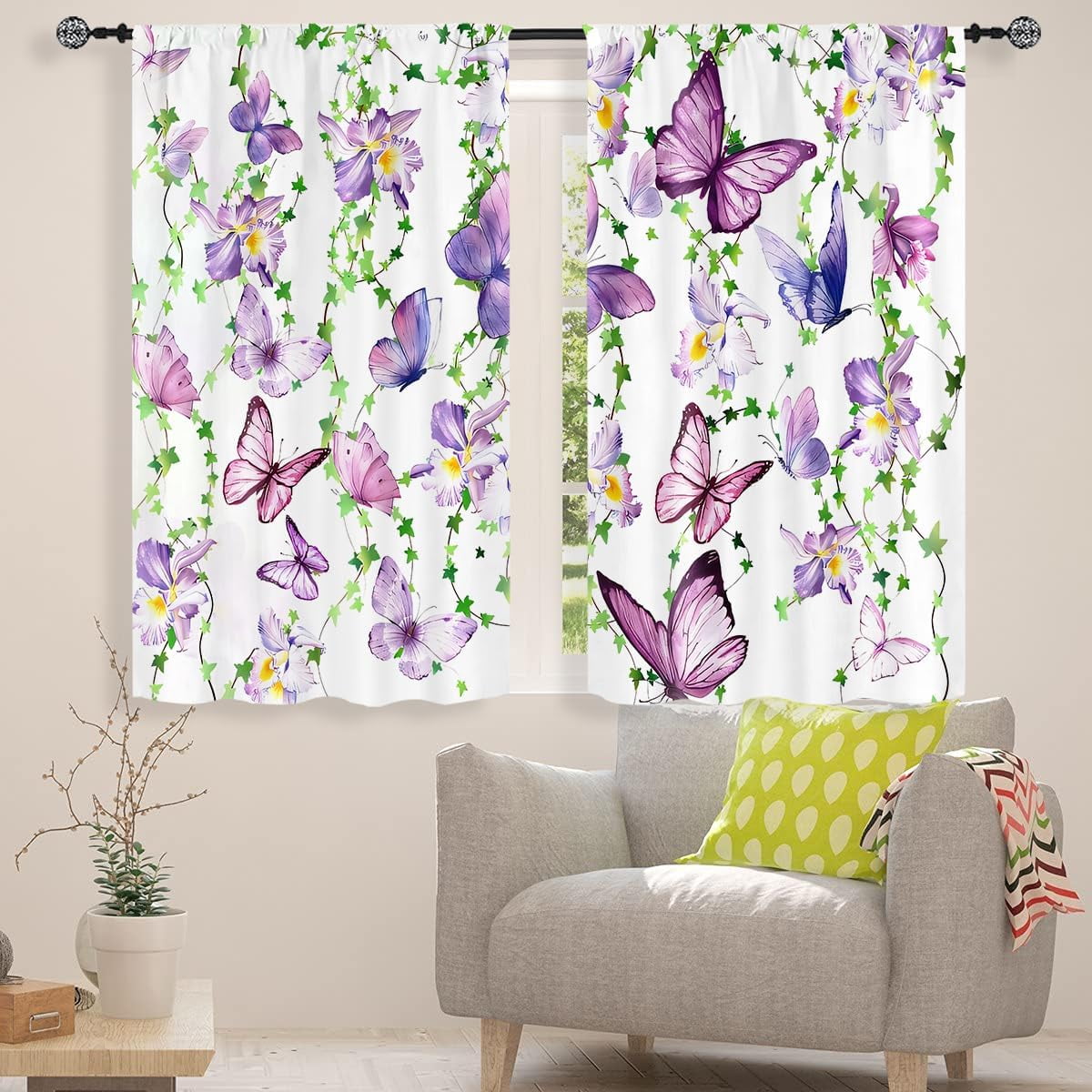 Purple Floral Butterfly Window Curtains 42W X 63L 2 Panels Lilac ...