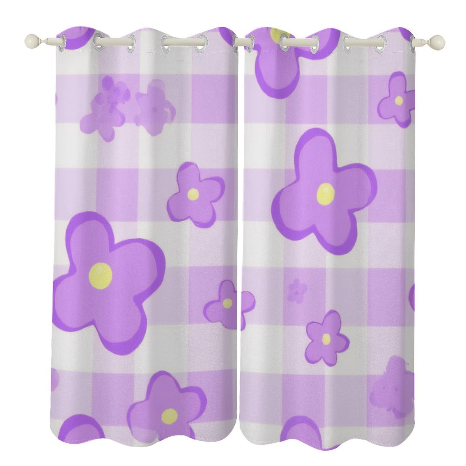 Purple Floral Checkered Pattern Blackout Window Curtains for Bedroom ...