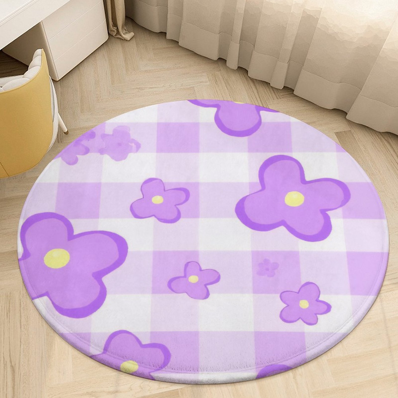 Purple Floral Checkered Pattern Round Area Rugs for Bedroom Living Room ...