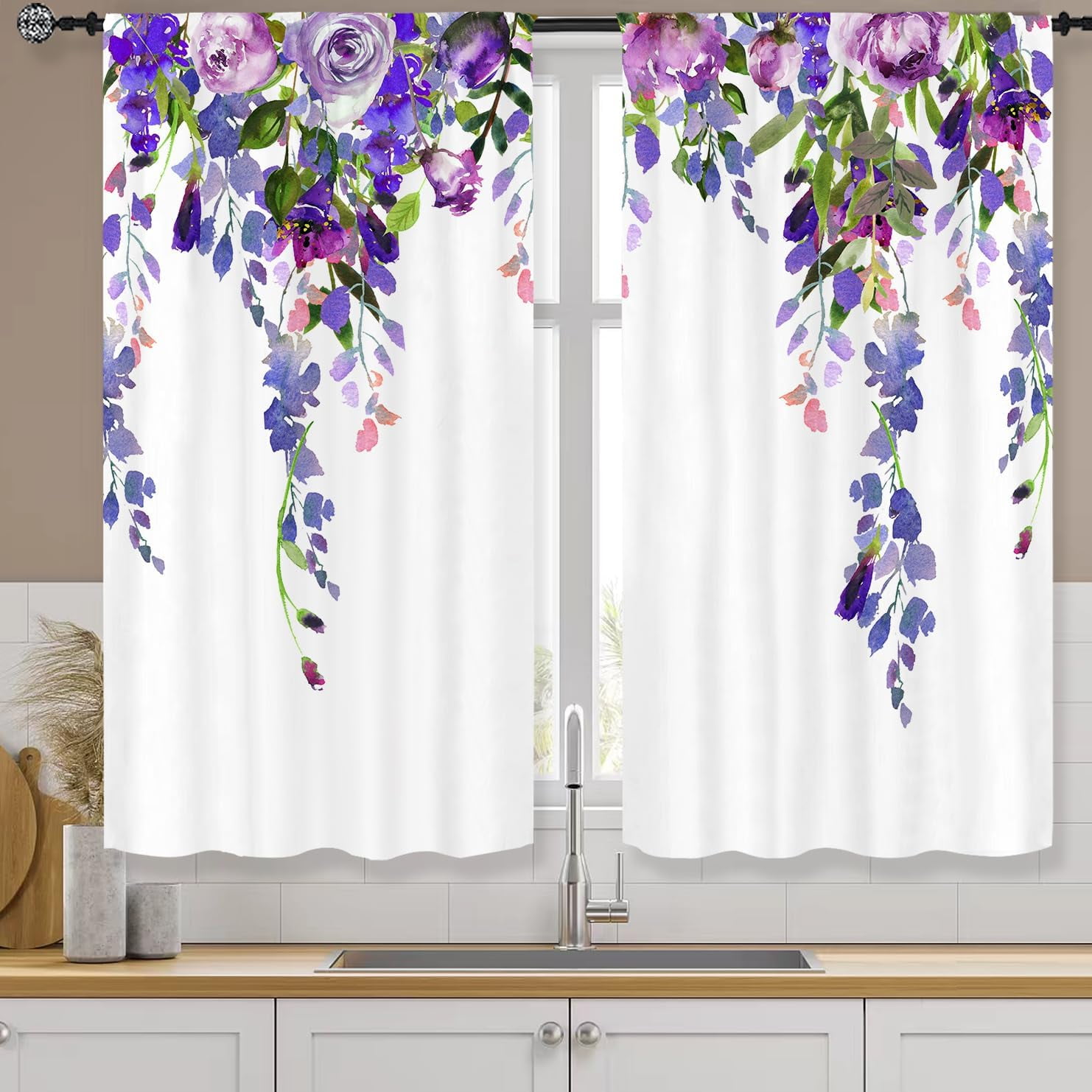 Purple Floral Kitchen Curtains Rod Pocket Blossom Lilac Watercolor ...
