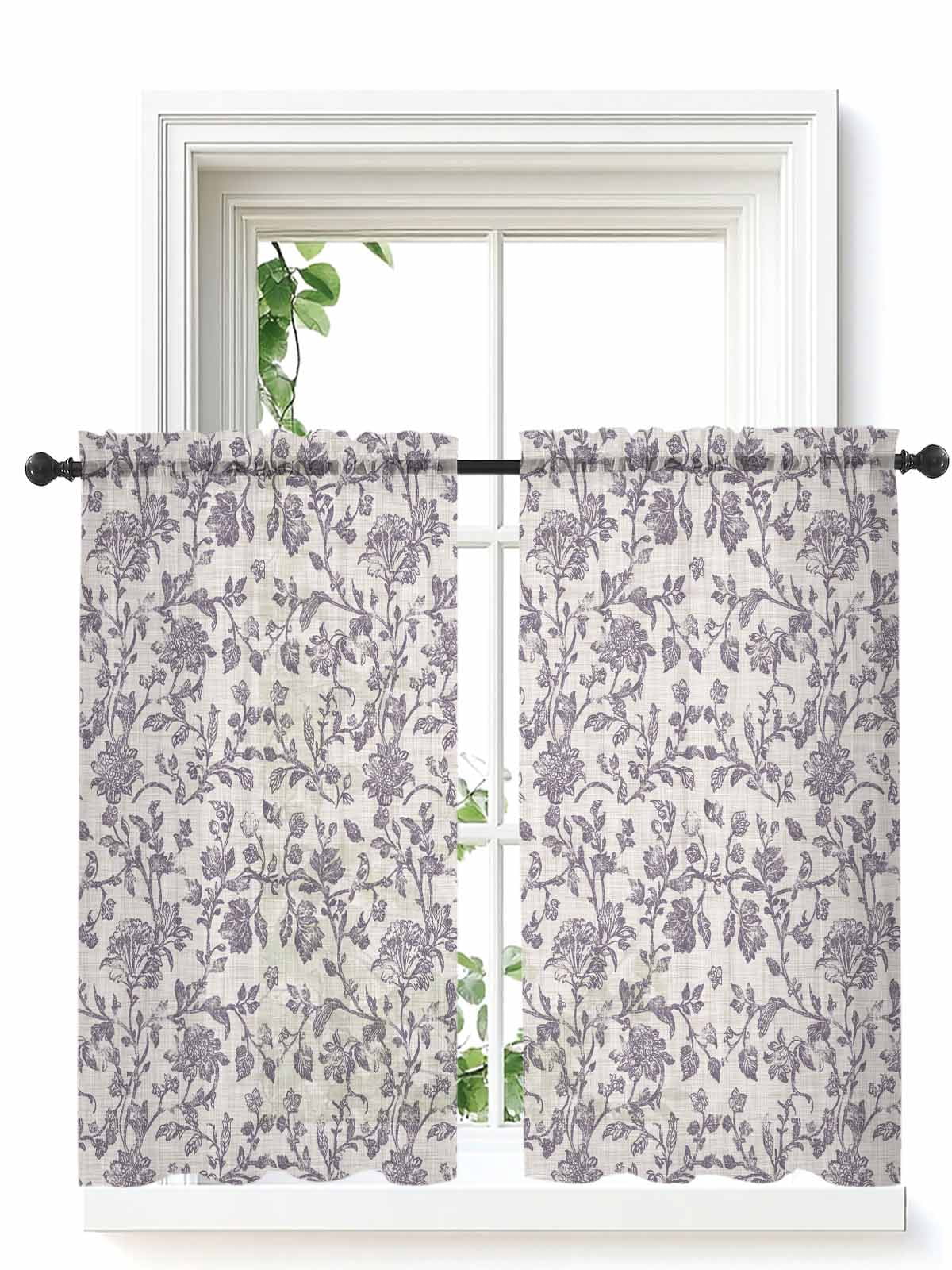 Purple Floral Leaf Curtains 54 Inch Length, Sheer Curtains for Bedroom ...