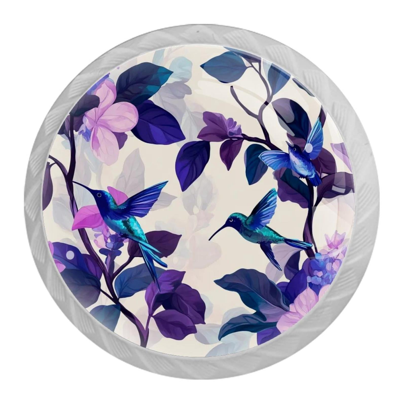 Purple Floral Pattern Hummingbird Drawer Knobs, 4 Piece Set Decorative ...
