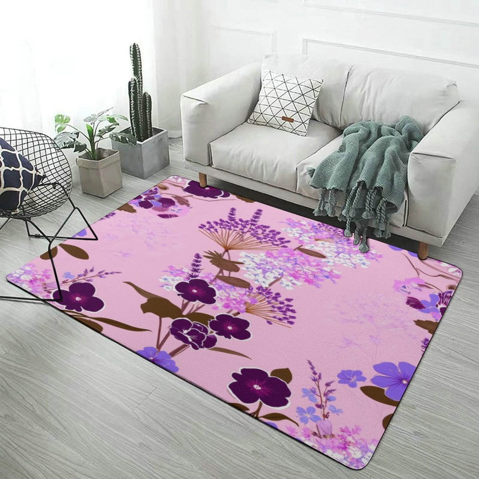 Purple Floral Pattern on Pink Home Decor Living Room Carpet Non-slip ...
