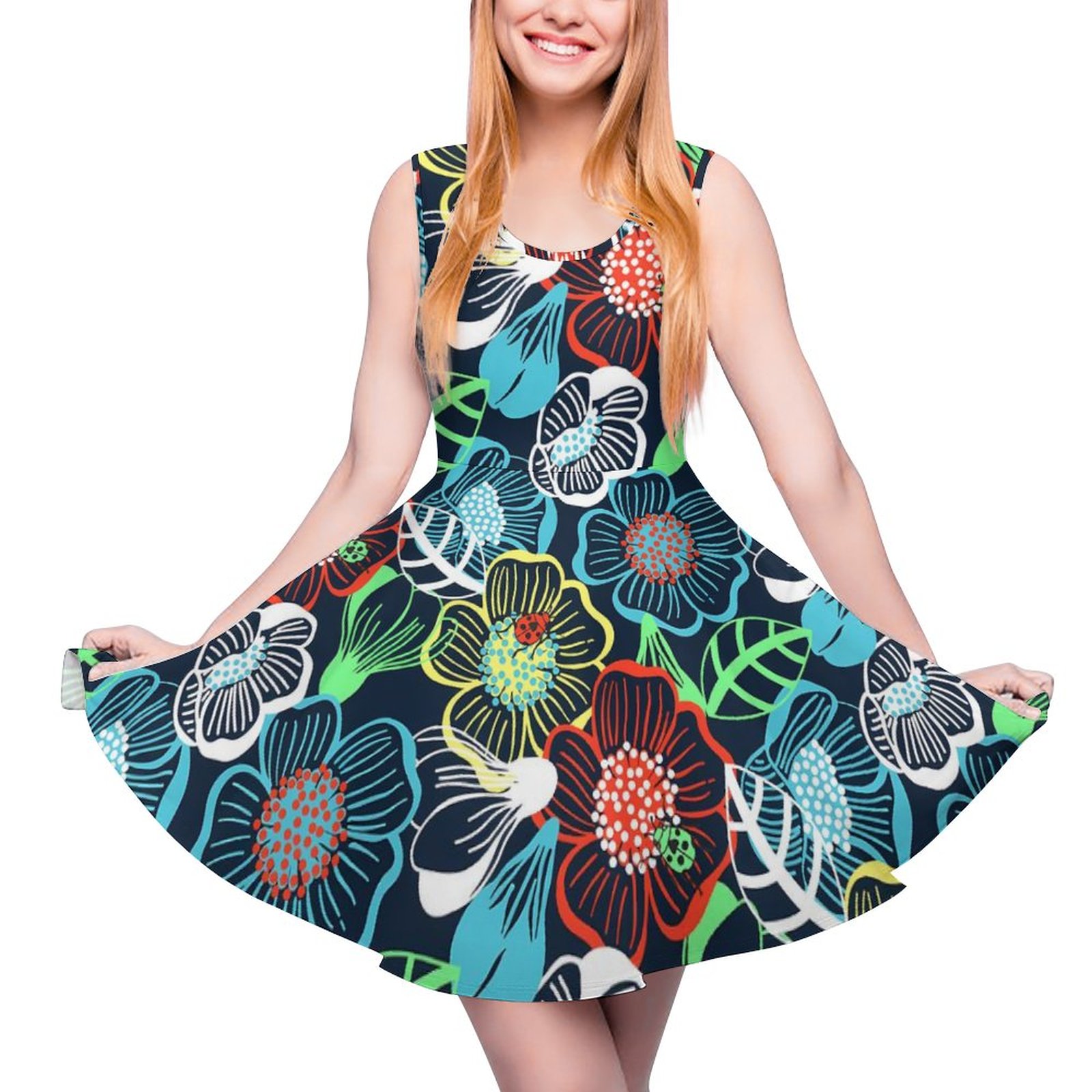 Purple Floral Print Dress High Waist Daisy Flower Casual Dresses Summer ...