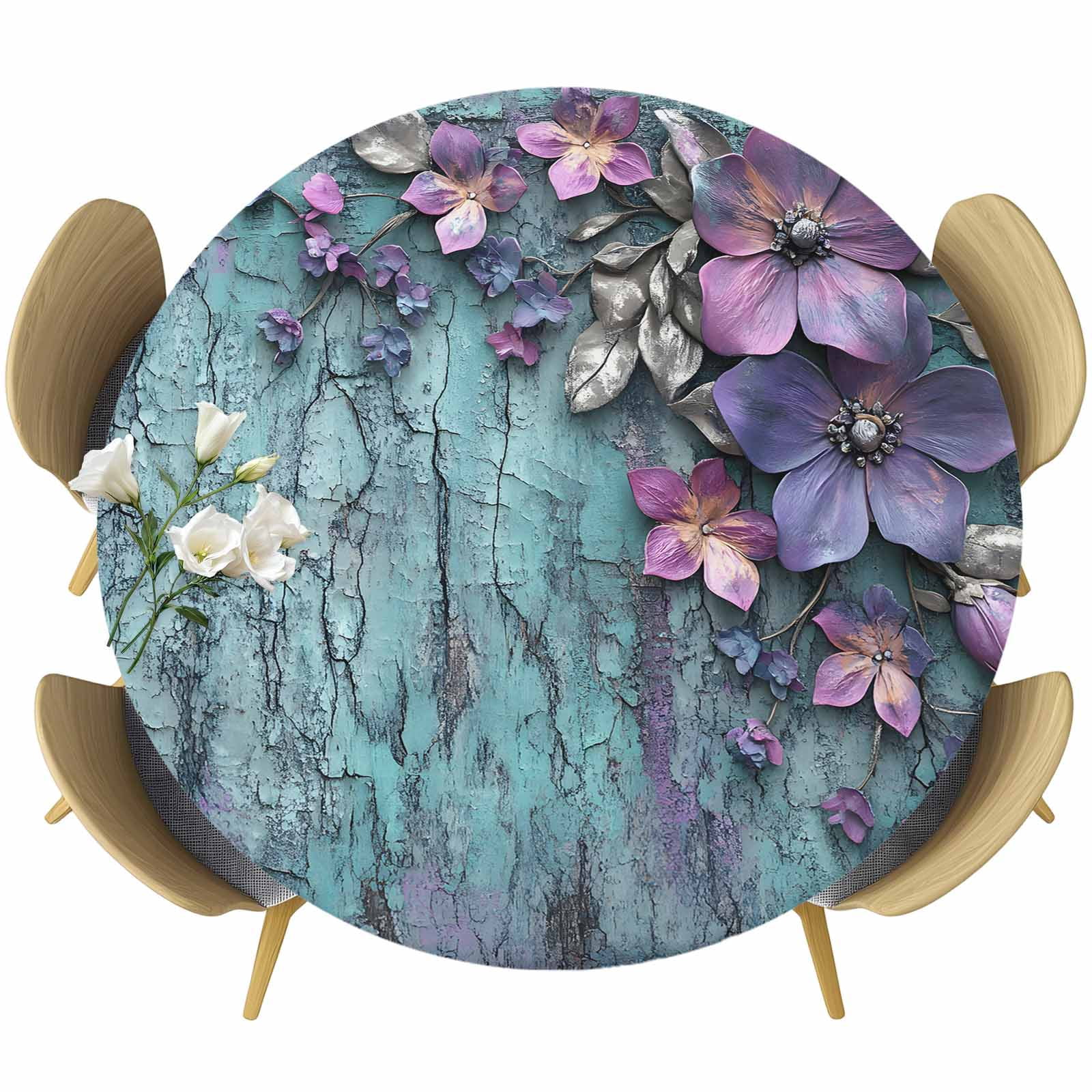 Purple Floral Round Tablecloth 55-60 Inch Round Fitted Table Cloth with ...