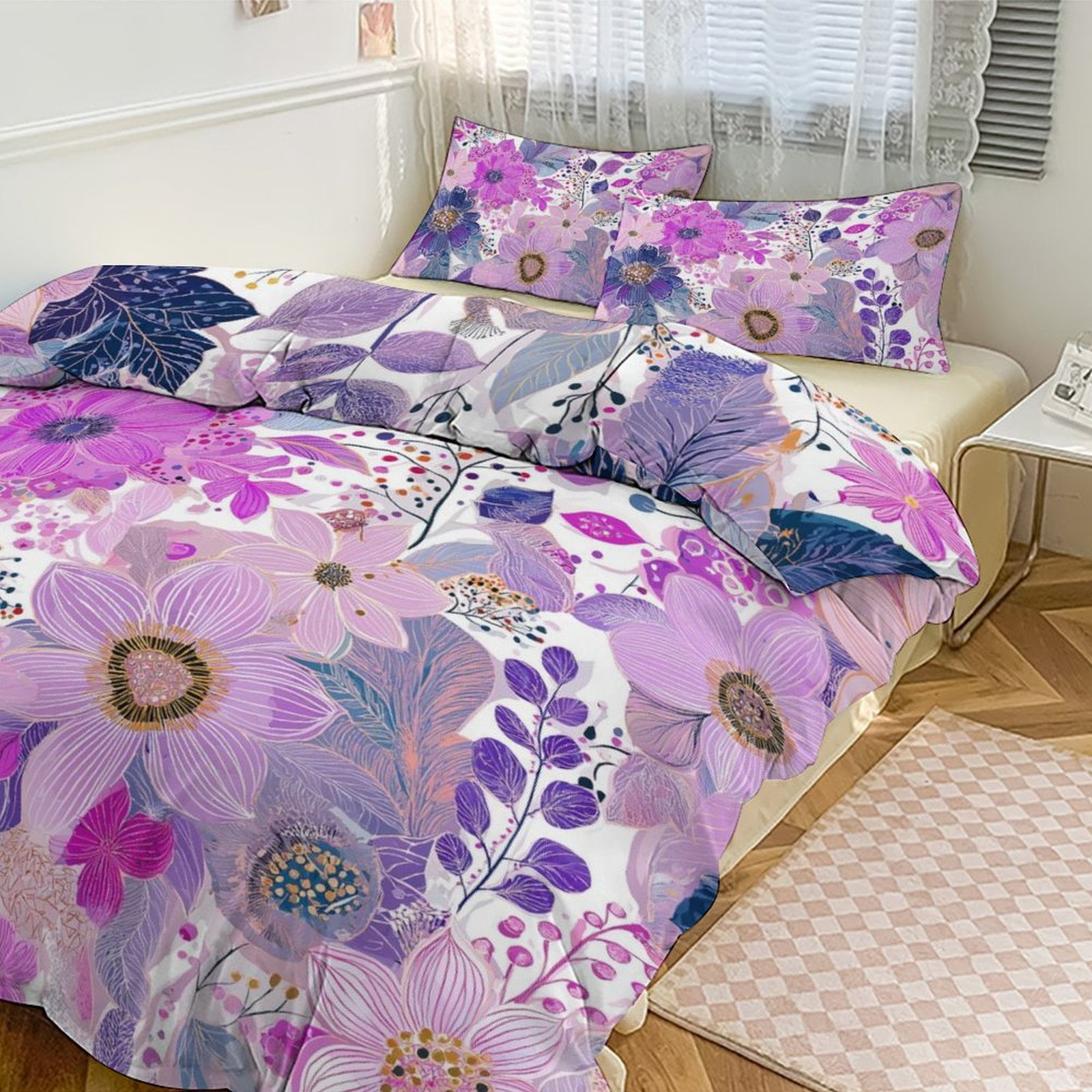 Purple Floral Seamless Pattern Design Bedding Set with Zipper Closure ...