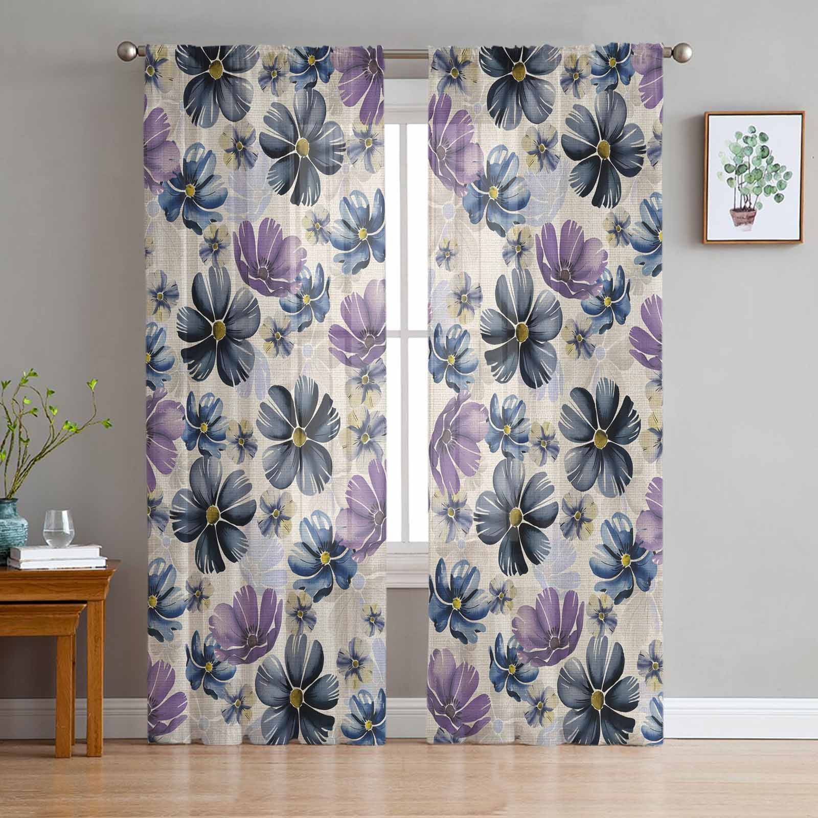 Purple Floral Semi Sheer Curtains 84 Inch Length 2 Panels Set, Blue ...
