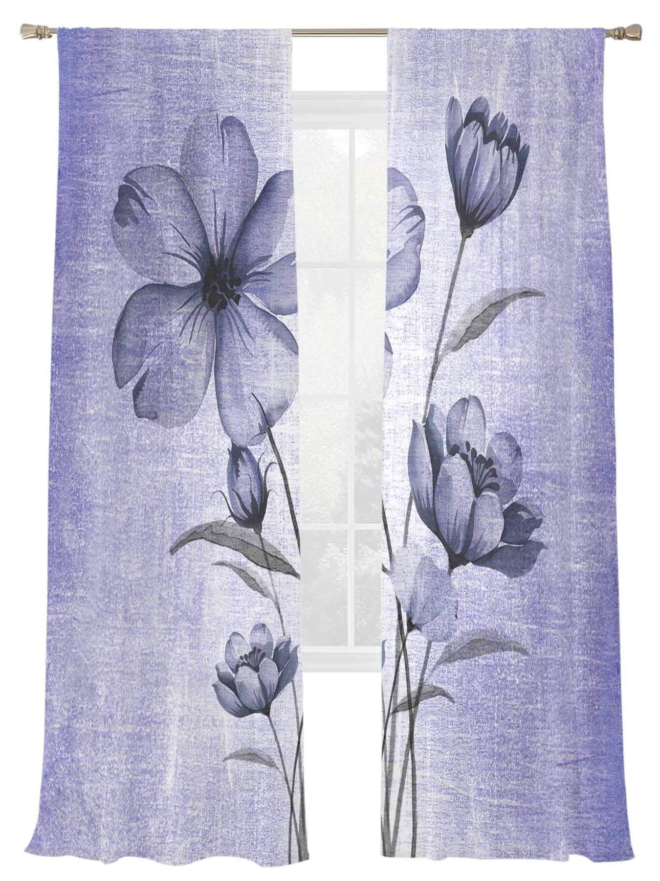 Purple Floral Sheer Curtains 96 Inch Length 2 Panels Set, Semi ...