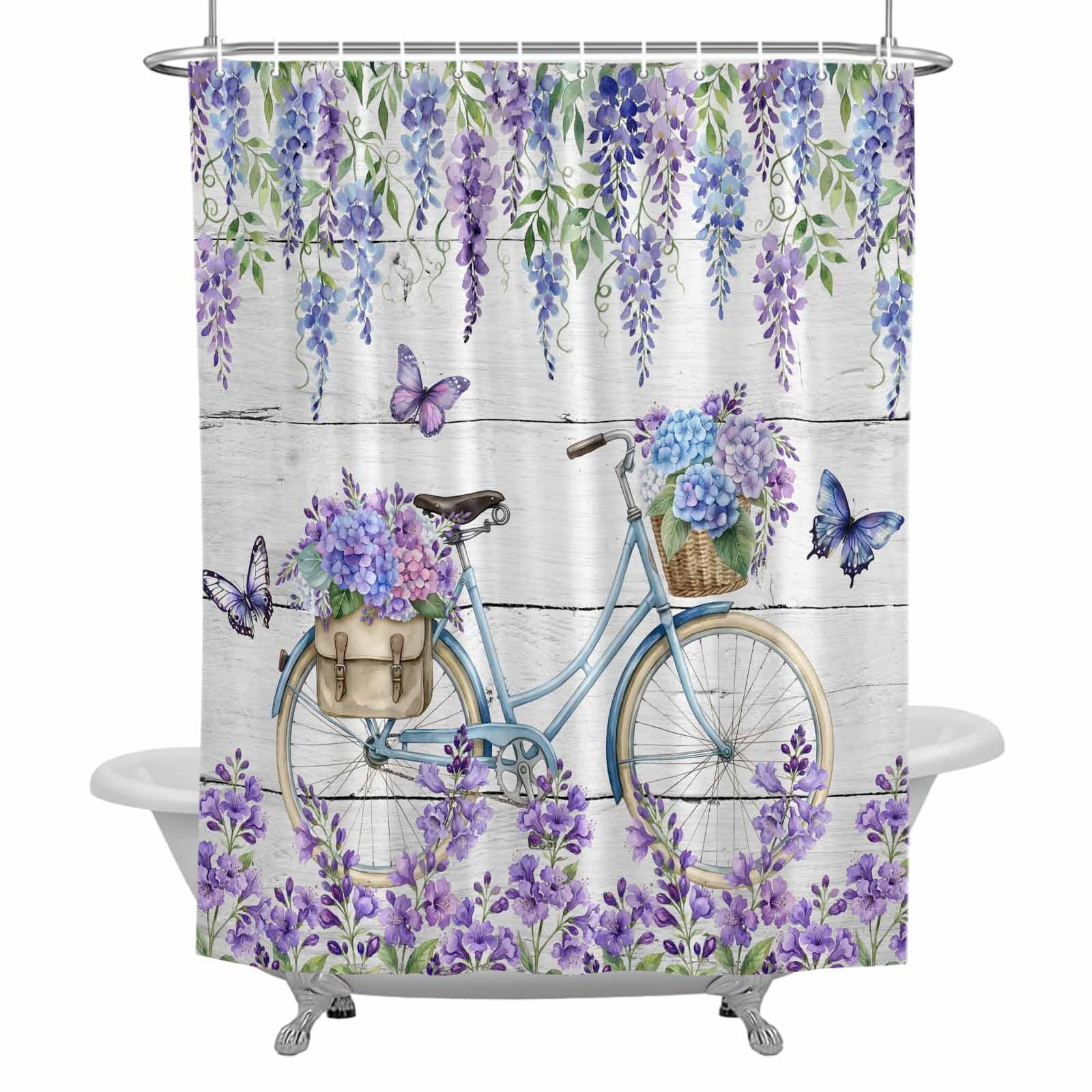 Purple Floral Shower Curtain for Bathroom, Spring Flowers Bicycle ...
