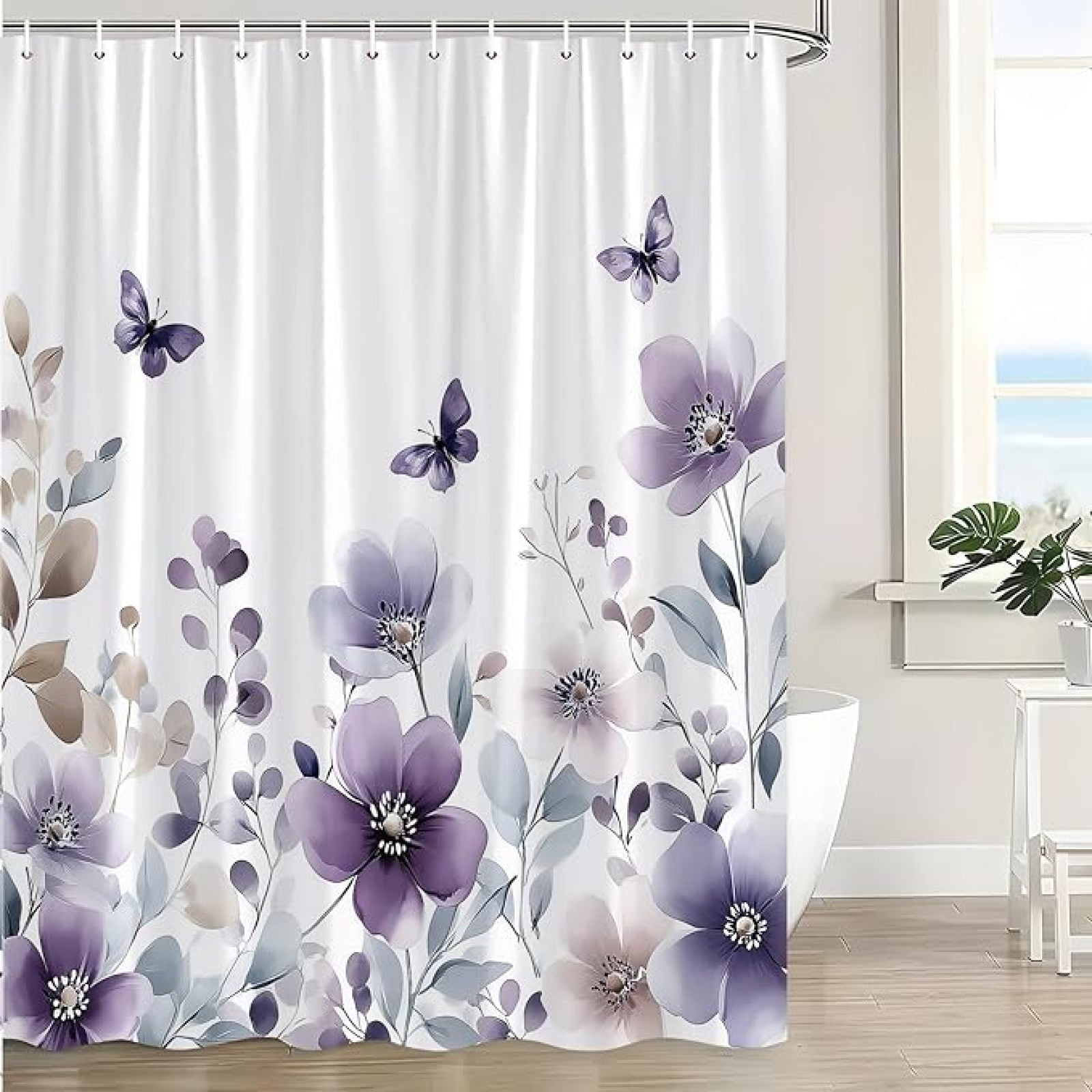 Purple Floral Shower Curtain Lilac Watercolor Flower Leaves Butterfly Wildflower Plant Modern ...