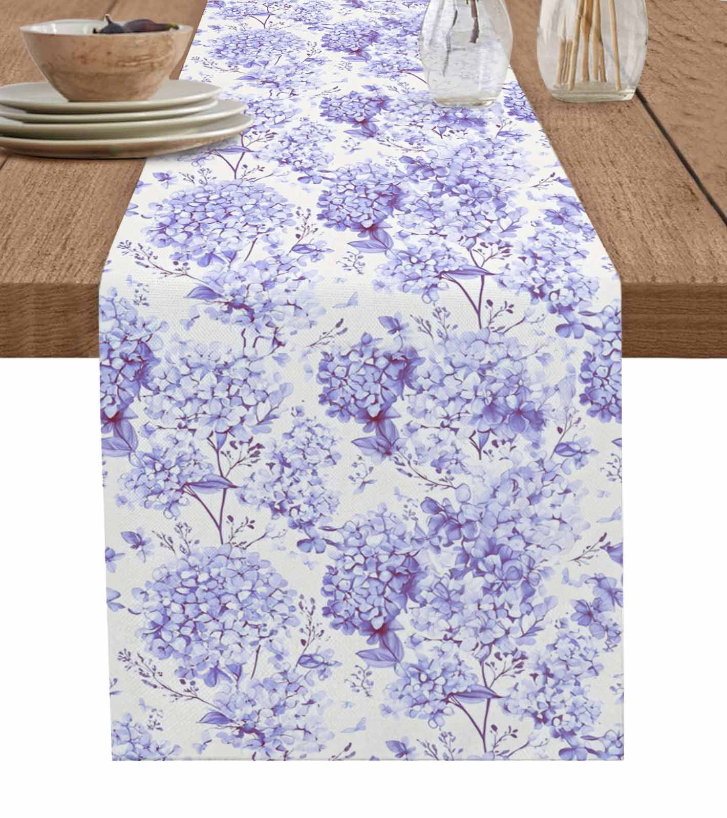 Purple Floral Table Runner 90 Inches, Hydrangeas Flower Spring Summer Plants Bed Runner Dresser ...