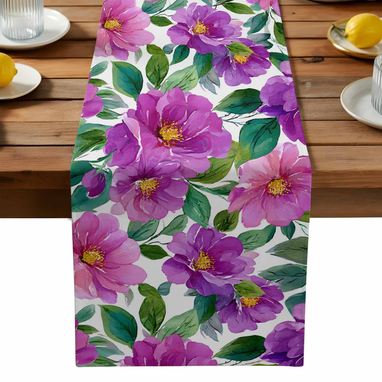 Purple Floral Table Runner, Retro Purple Pink Watercolor Flowers Green ...