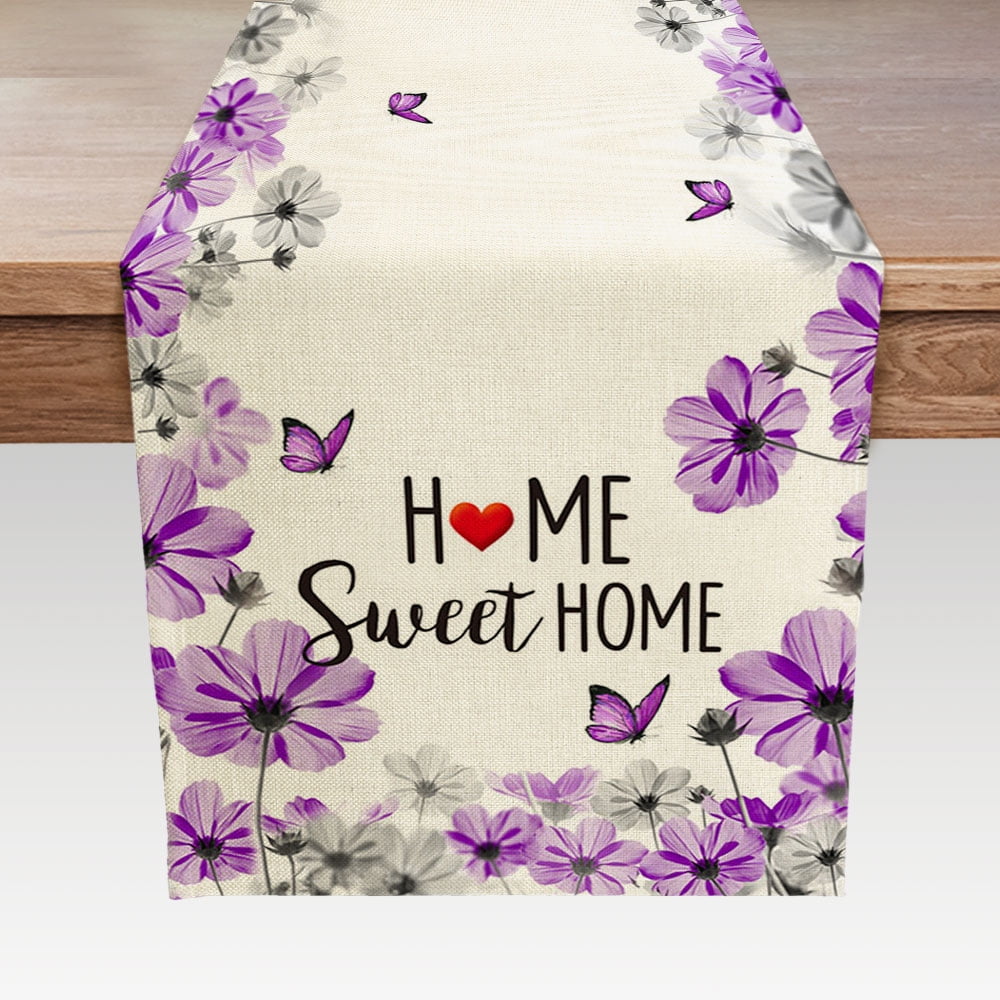 Purple Floral Table Runner, Rustic Farmhouse Flowers Home Sweet Home ...