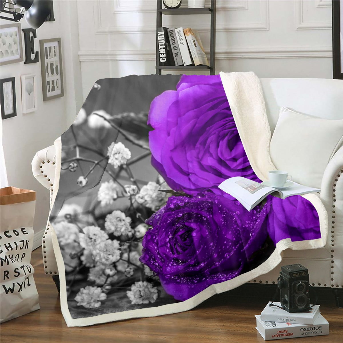 Purple Floral Throw Blanket Queen Size, Romantic Purple Rose Fleece ...