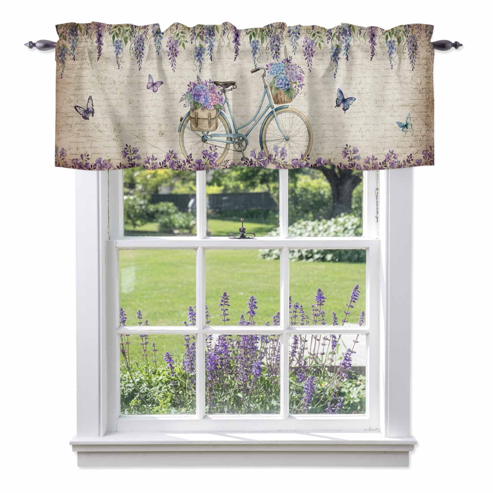 Purple Floral Valance Curtain for Windows Spring Flowers Bicycle ...