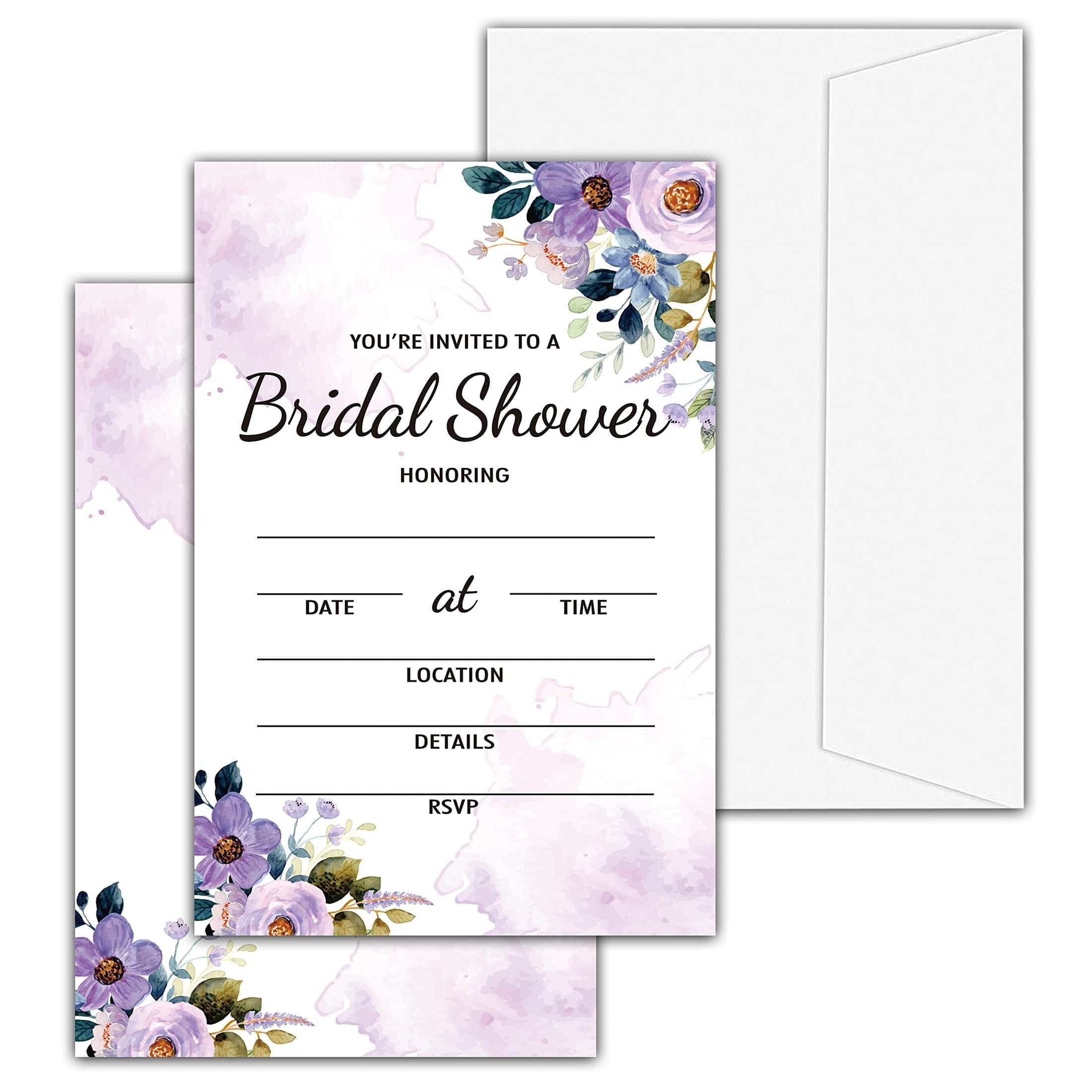 Purple Floral Watercolor Invitations with Envelopes, 25 Pcs Blank Fill ...