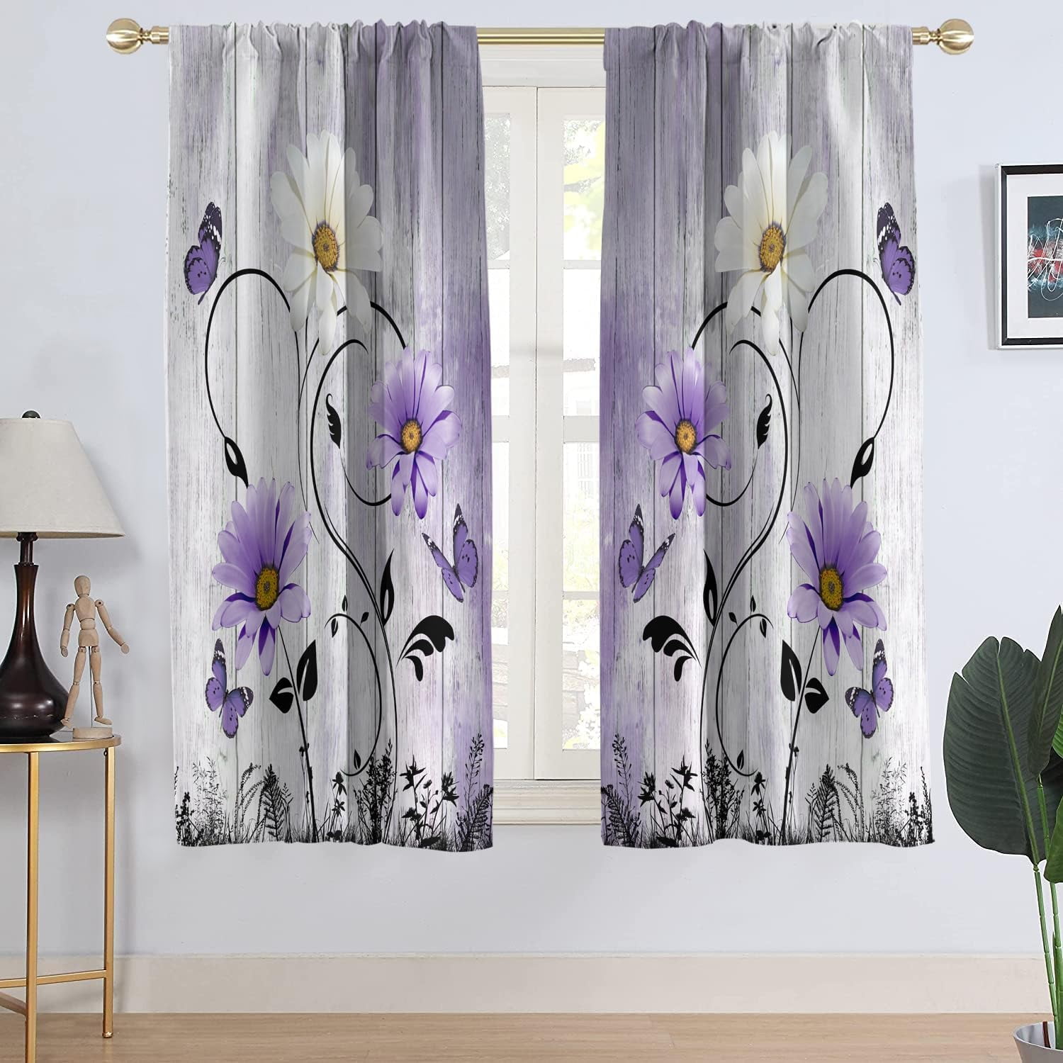 Purple Floral Window Curtain Lavender Lilac Rustic Flowers Country ...