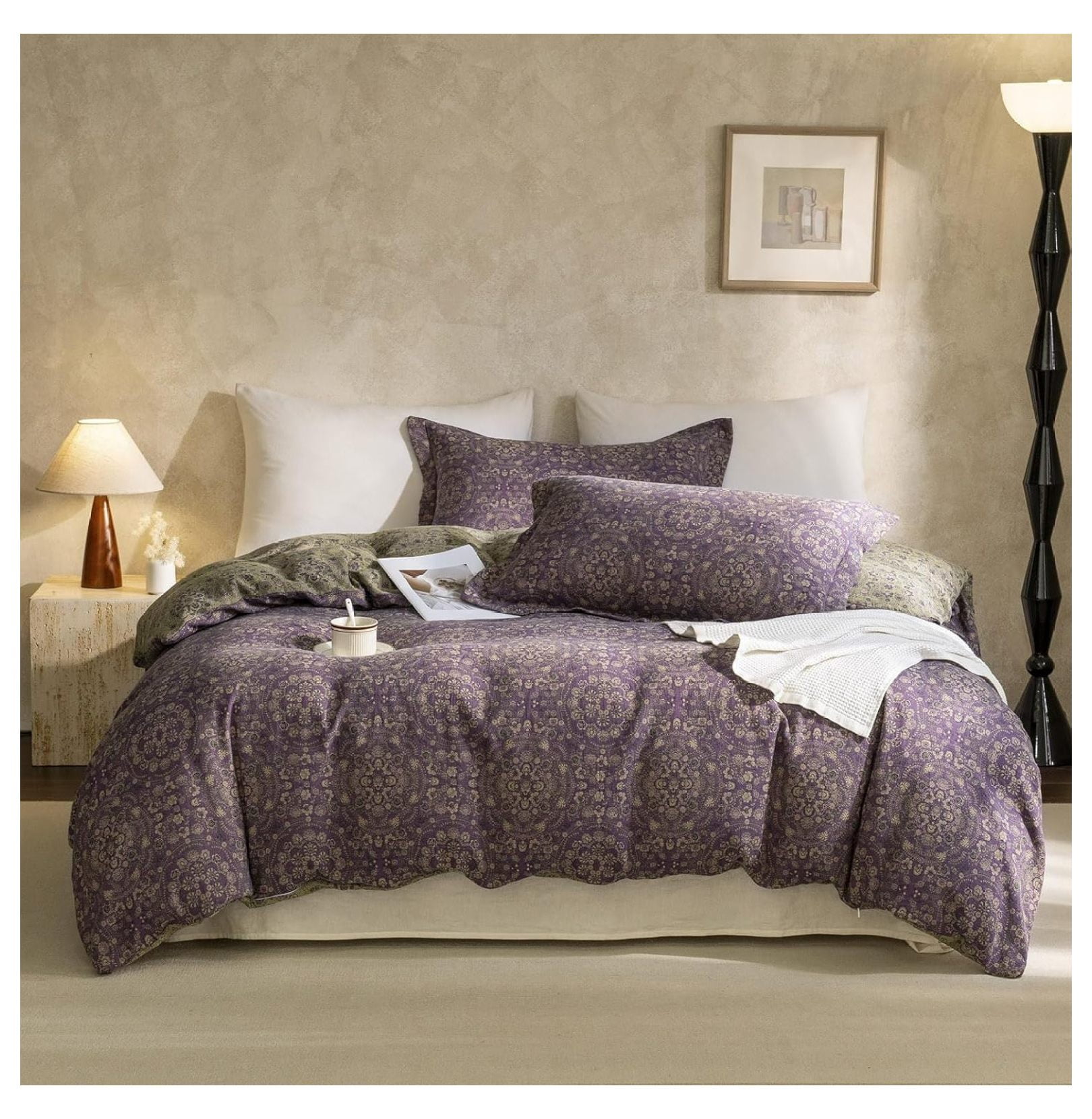 Purple Floral XL Premium Yarn-Dyed Cotton Linen Duvet Cover Boho ...