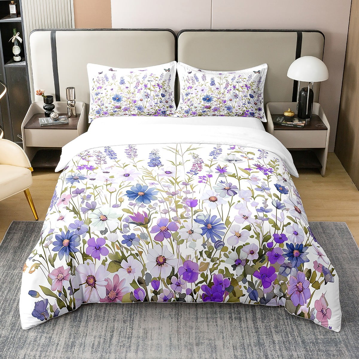 Purple Flower 100% Cotton Duvet Cover Twin,Wildlife Bedding Set,Cottage ...