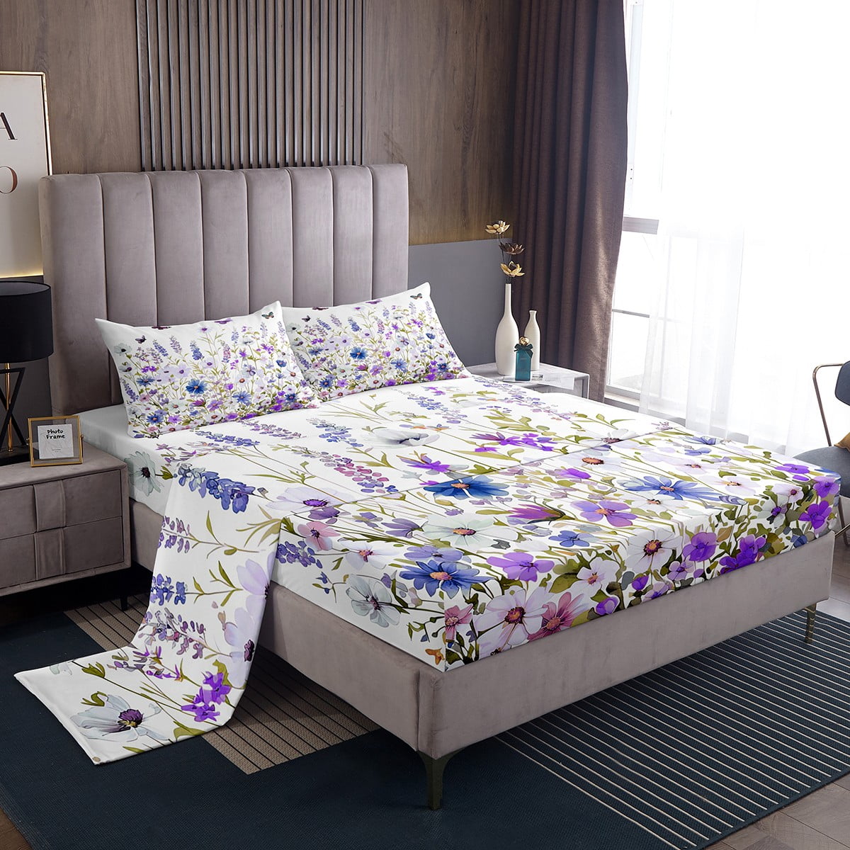 Purple Flower Bed Sheets Set Full,Wildlife Sheet Set,Cottage Floral ...