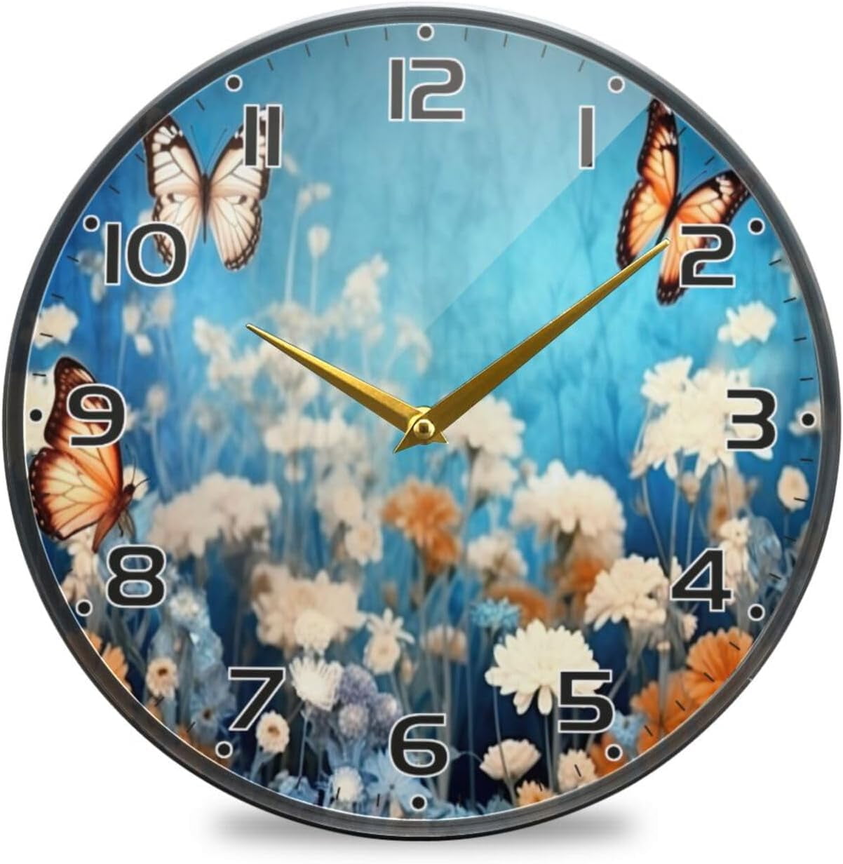 Purple Flower Butterfly Wall Clock Round Silent Non Ticking Battery ...