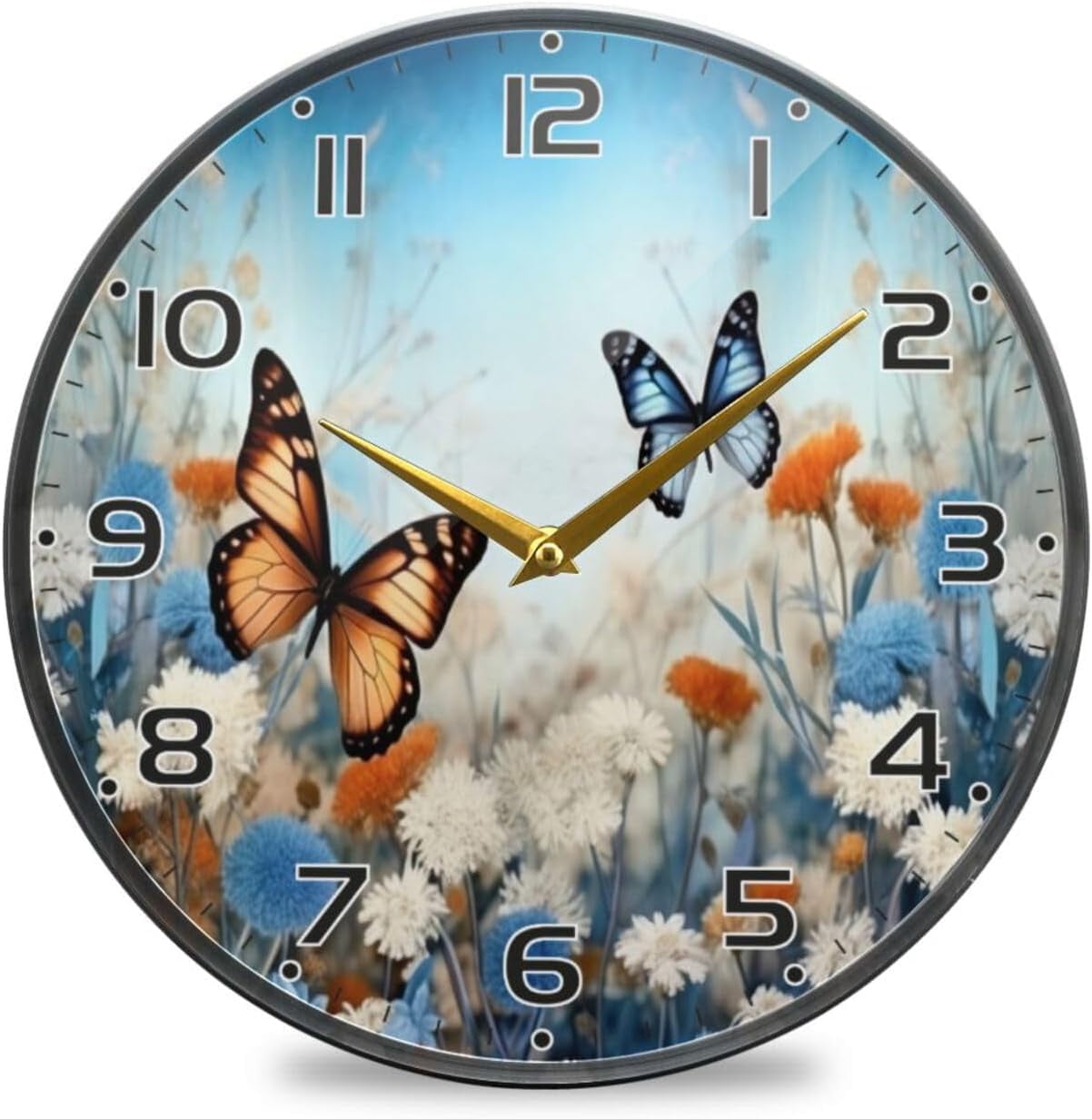 Purple Flower Butterfly Wall Clock Round Silent Non Ticking Battery ...