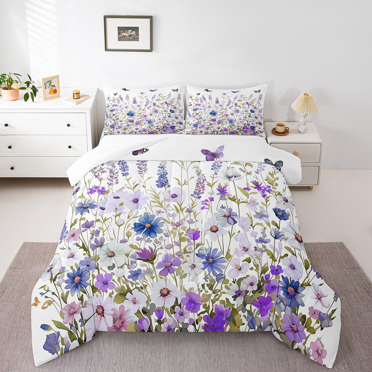 Purple Flower Comforter Set Full,Wildlife Bedding Set,Cottage Floral ...